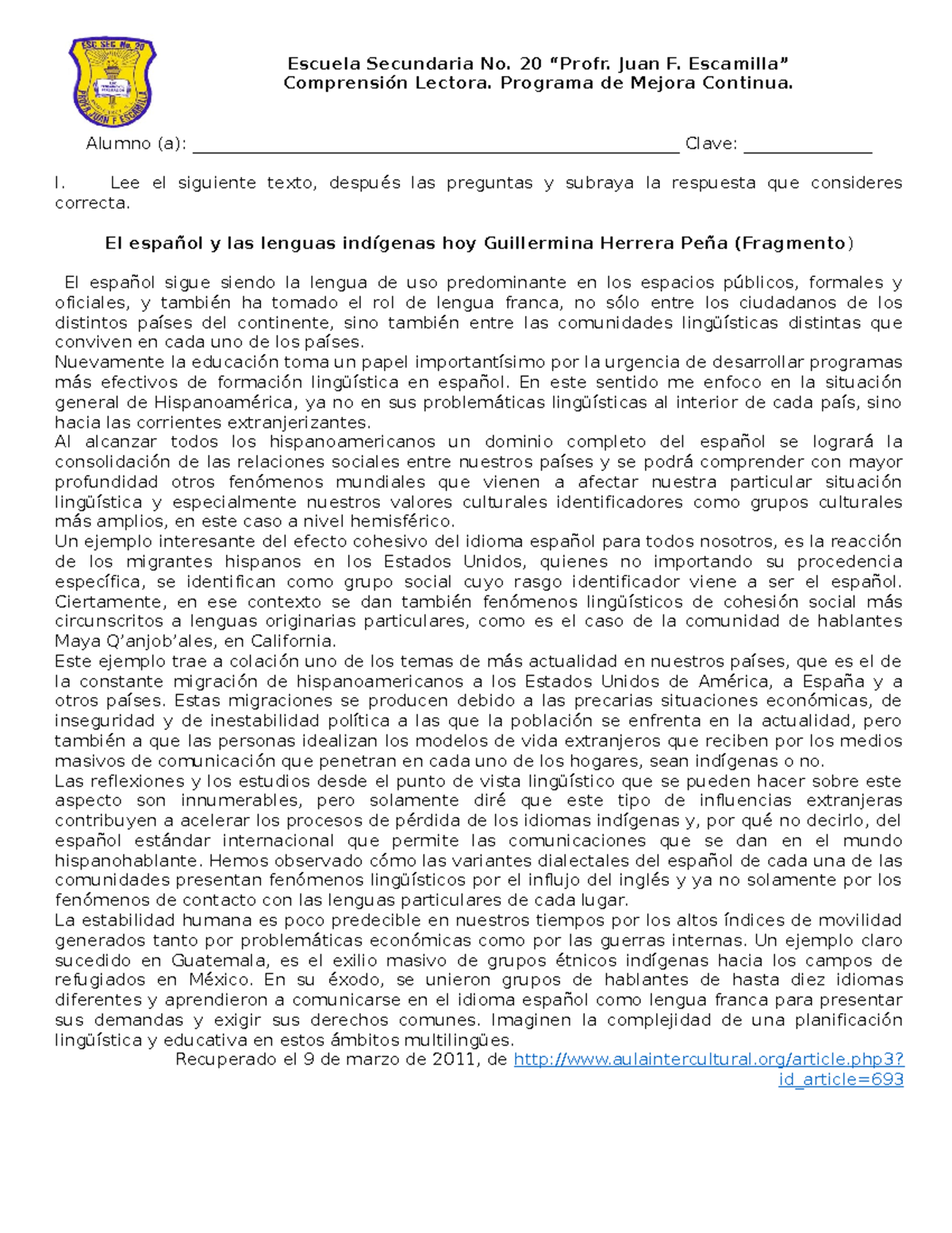 Comprensión Lectora 3er Bloque: Efectos del Español en Hispanoamérica ...