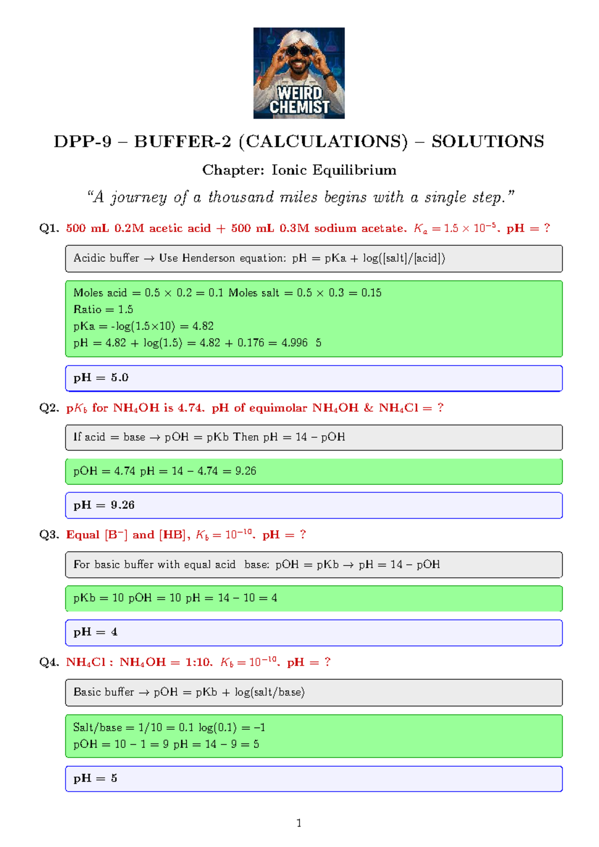 Ionic Equilibrium DPP 9 Solutions: Chapter on Acid-Base Buffers - Studocu