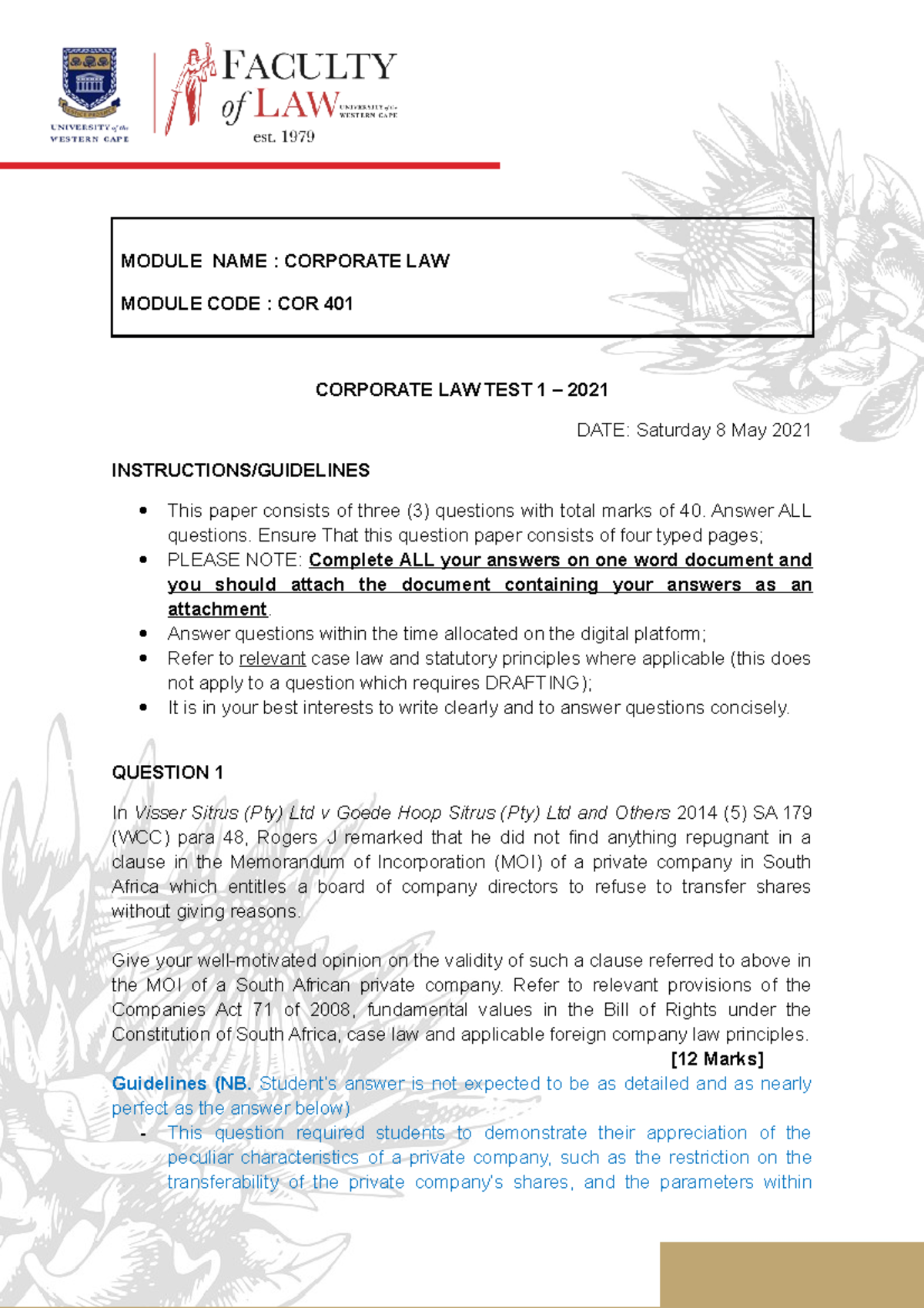 COR 401 - 2021 Test 1 MEMO - MODULE NAME : CORPORATE LAW MODULE CODE ...