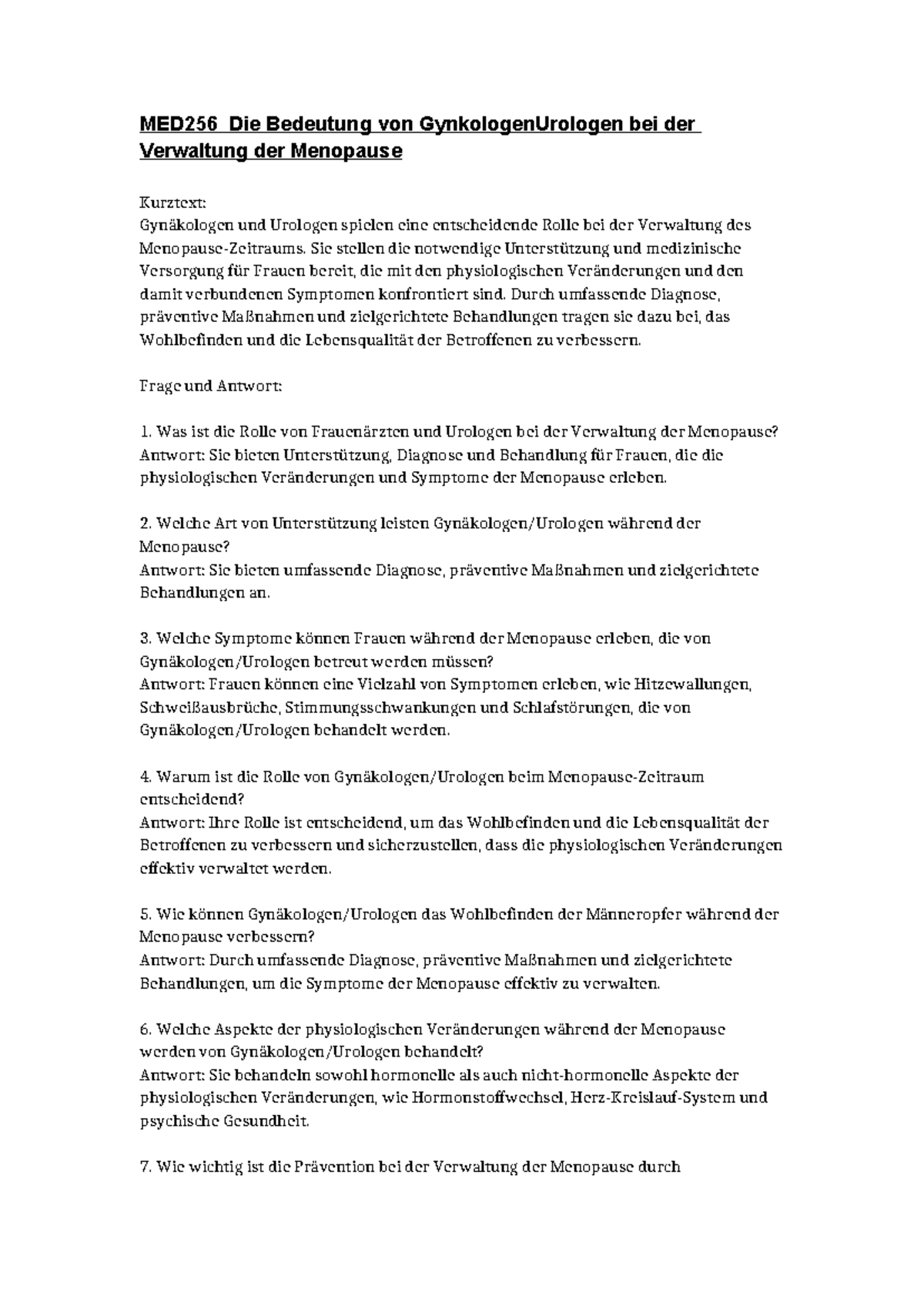 MED256 Die Rolle von Gynäkologen und Urologen in der Menopause - Studocu