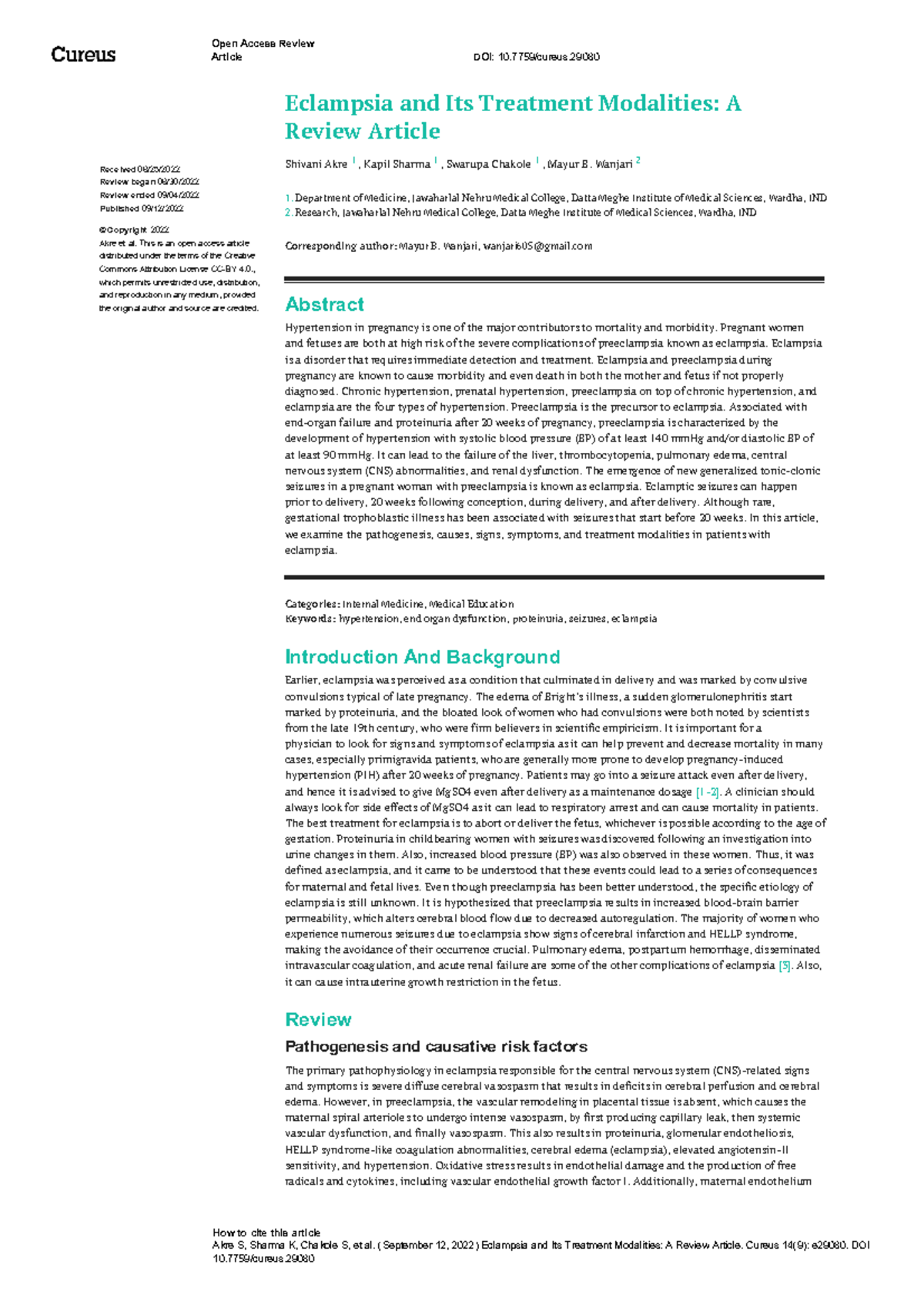 Eclampsia and Treatment Modalities: A Comprehensive Review (Cureus 14(9 ...
