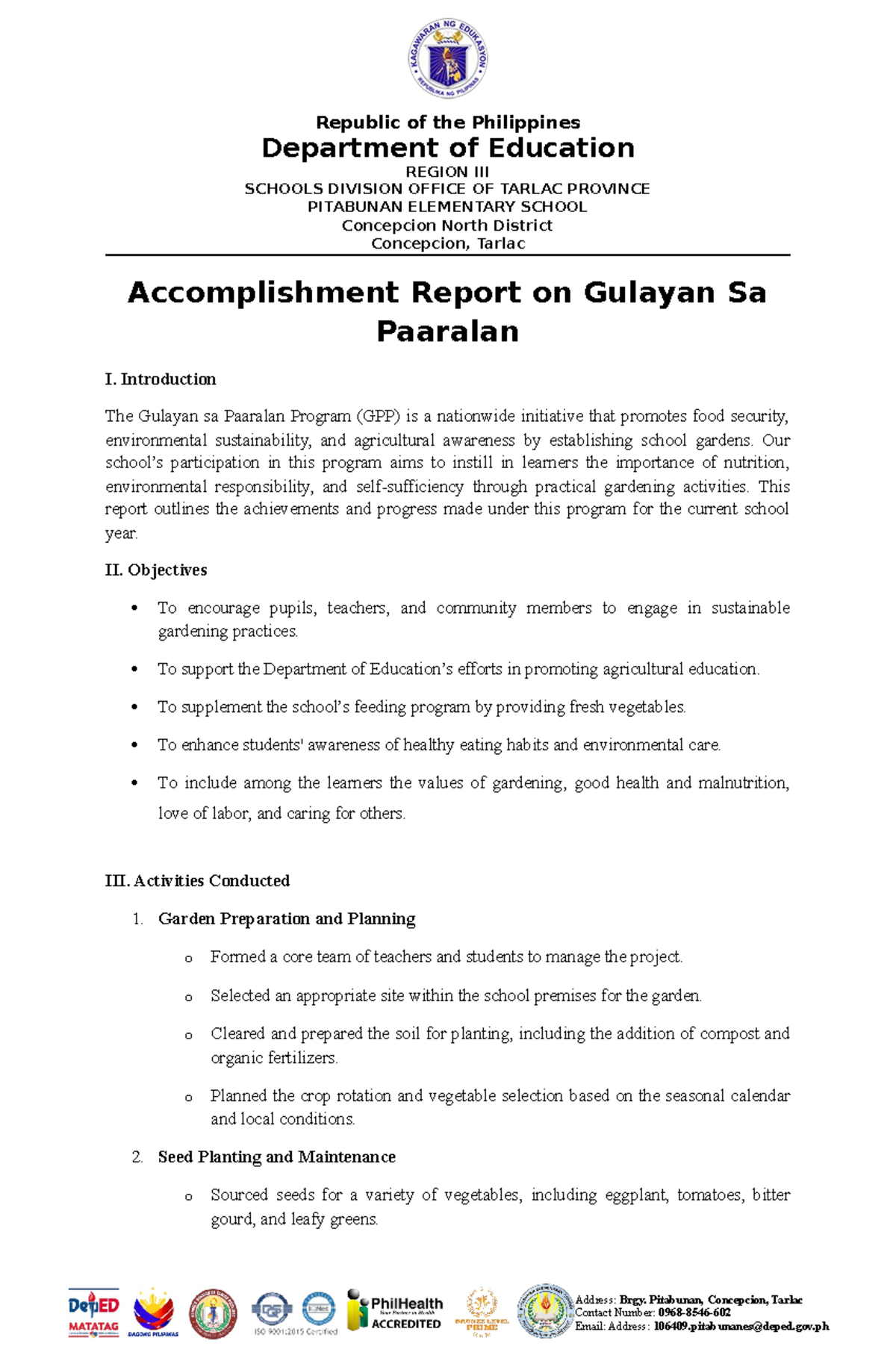 Accomplishment Report for Gulayan Sa Paaralan 2023-2024 (ESP-II) - Studocu