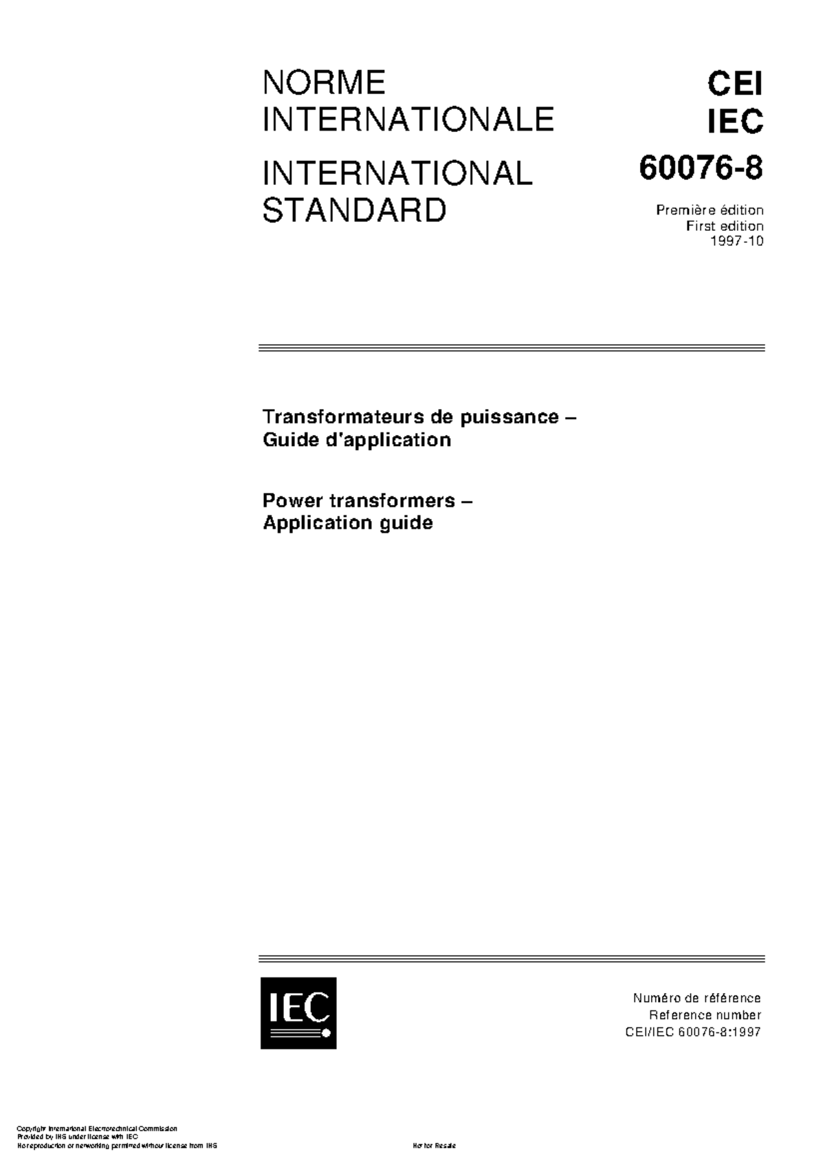 IEC 60076-8:1997 - Power Transformers Application Guide - Studocu