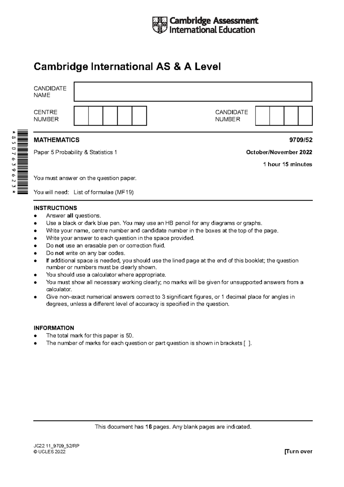 9709 W22 Paper 5: Probability & Statistics 1 - Past Exam - Studocu