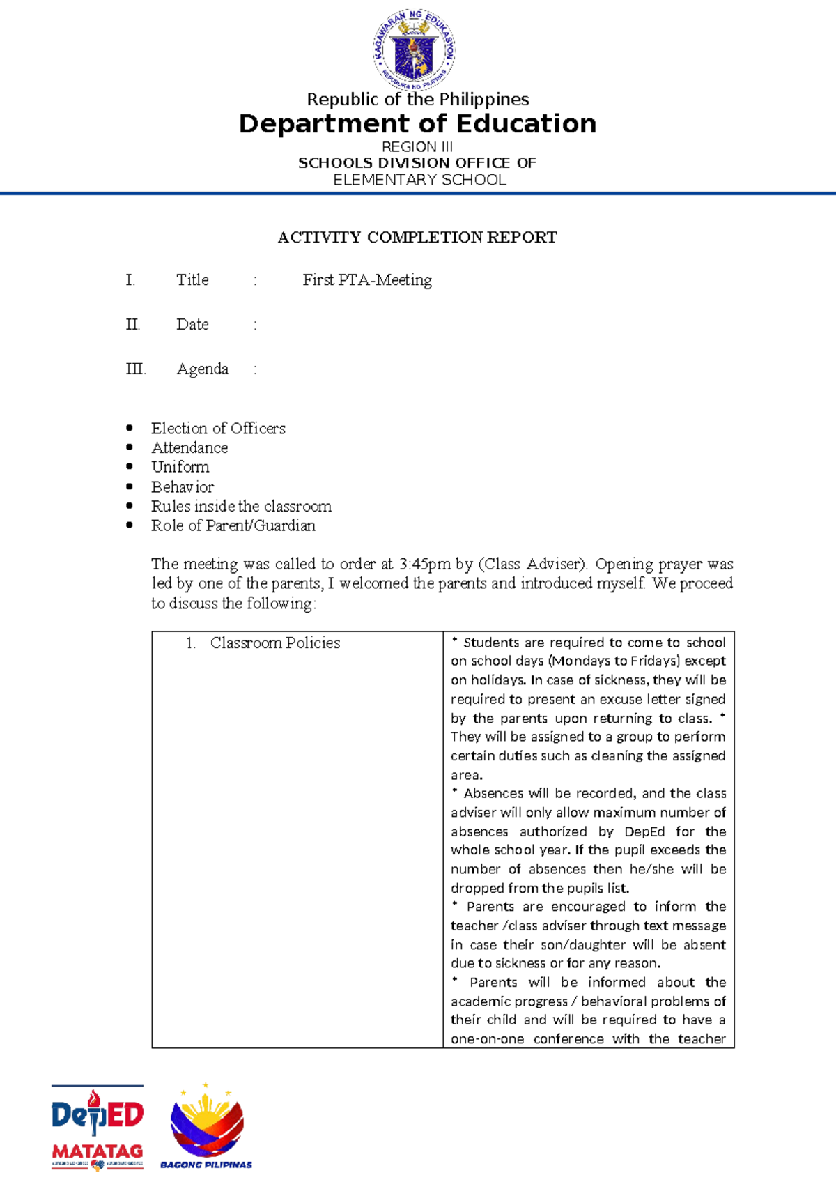 ACR-PTA Meeting Report: First PTA Meeting Overview - Studocu