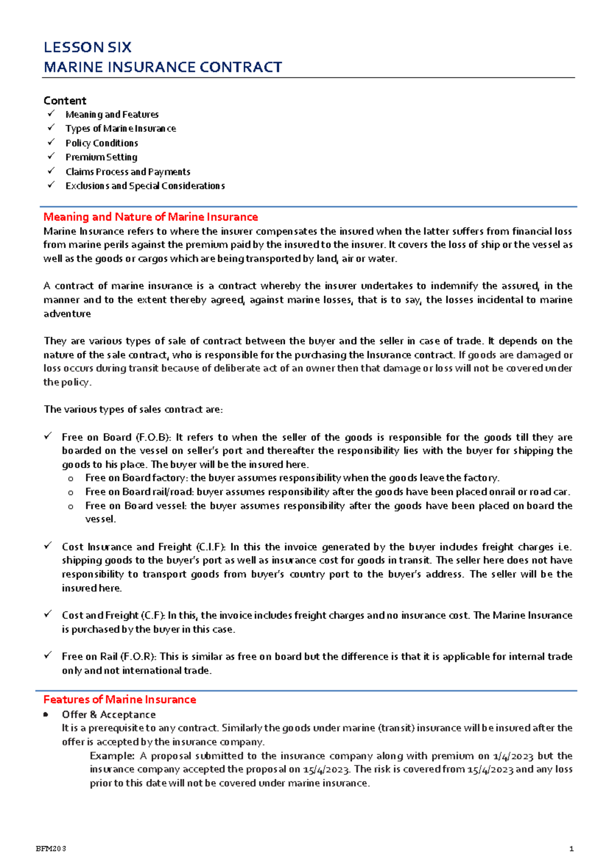 BFM203 T6 - Y2S1 - Marine Insurance Contract: Key Concepts & Processes ...
