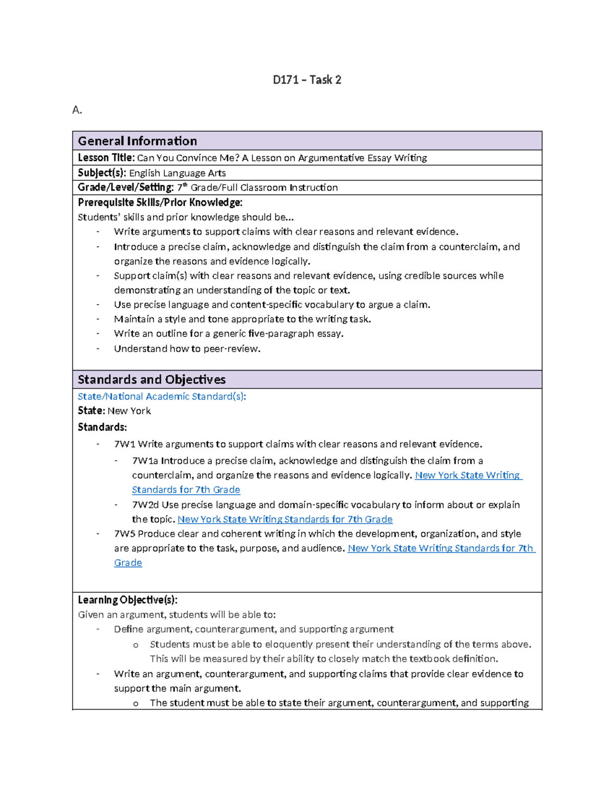 D171 Argumentative Essay Lesson Plan for 7th Grade - Task 2 - Studocu
