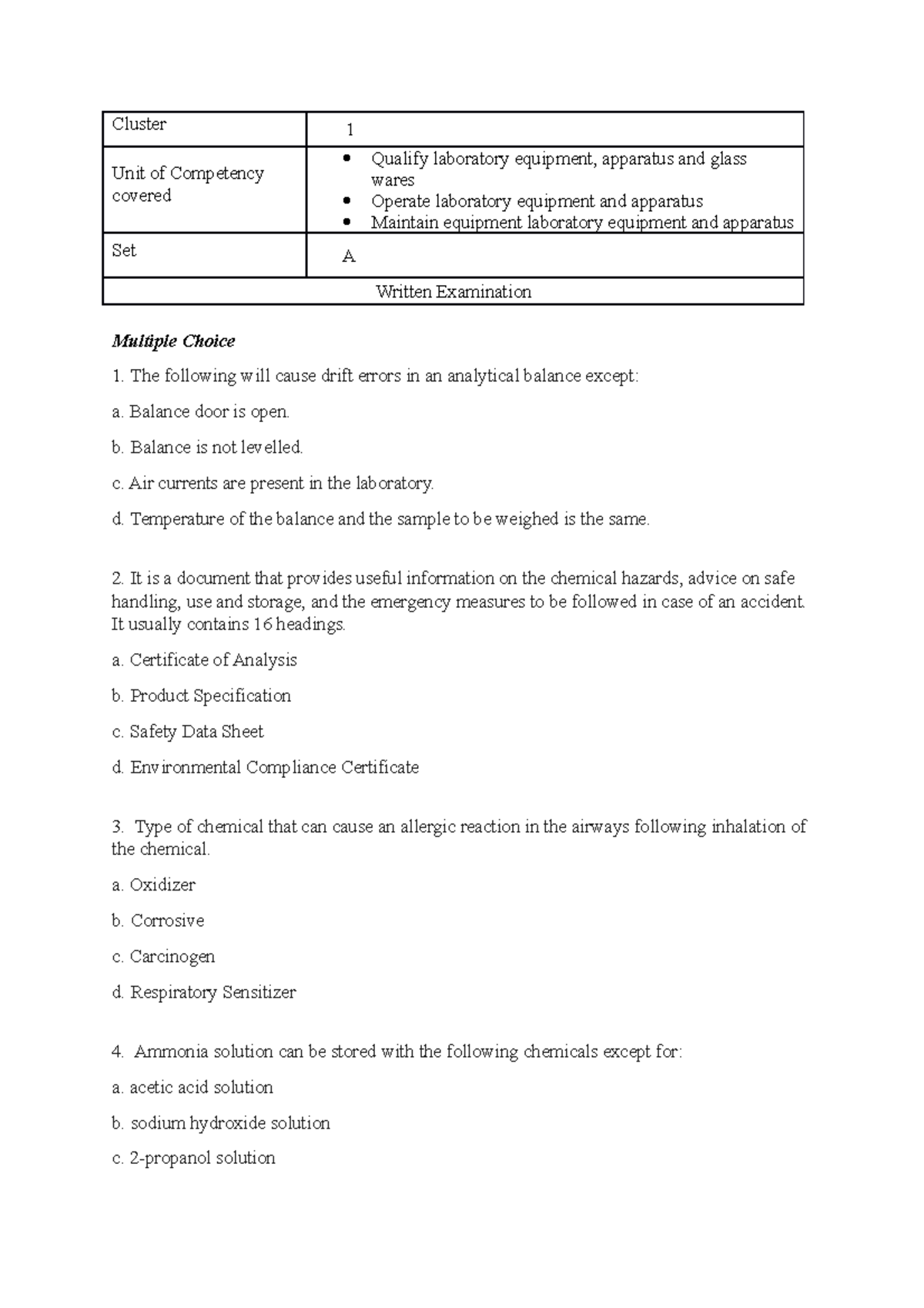 SET A Clstr 1 - Study Guide - Cluster 1 Unit of Competency covered ...