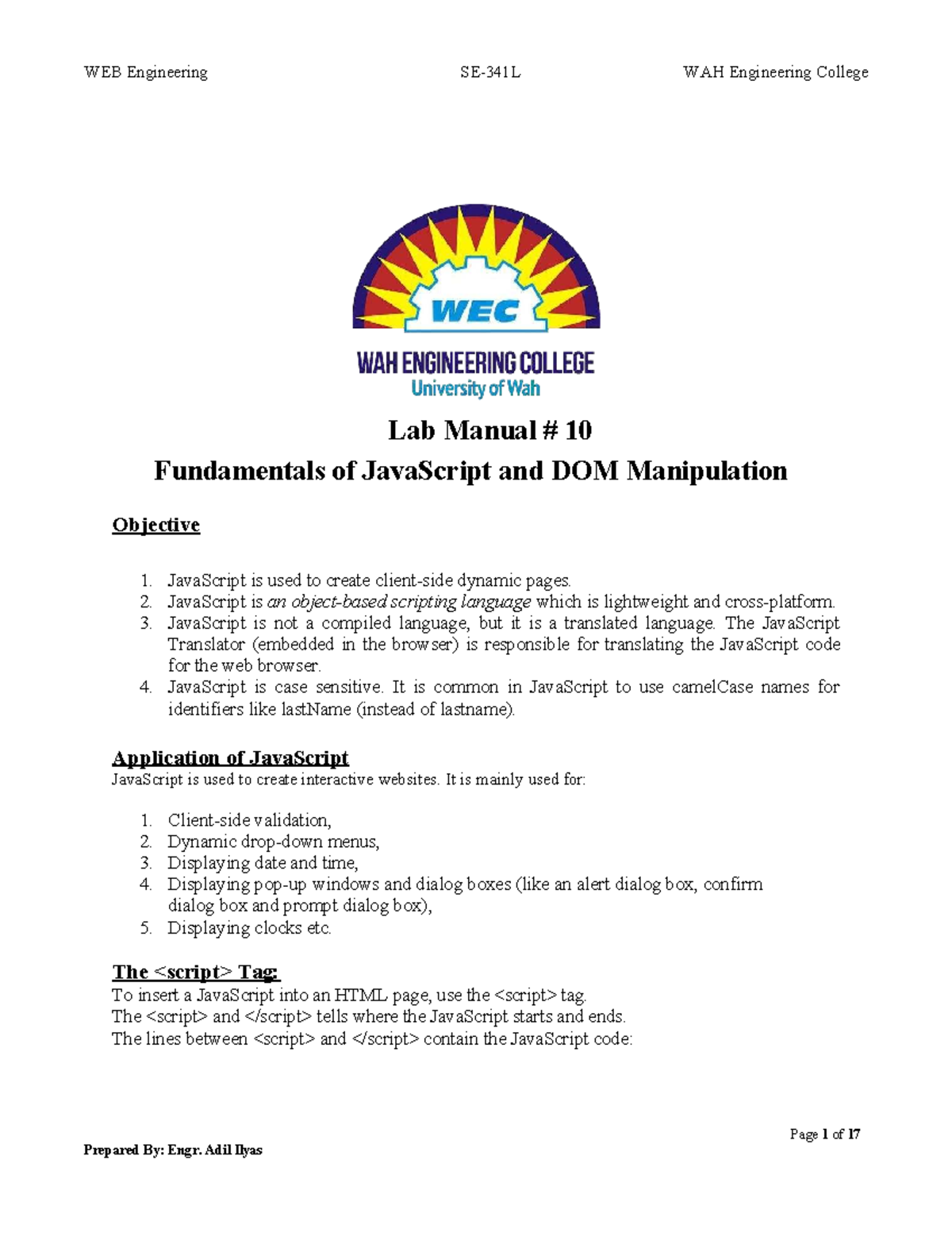 SE341L Lab Manual 10 - Fundamentals of JavaScript & DOM Manipulation ...