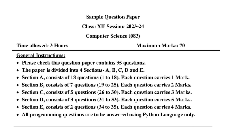 CBSE Class 12 Computer Science (083) Sample Question Paper 2023-24 - Studocu