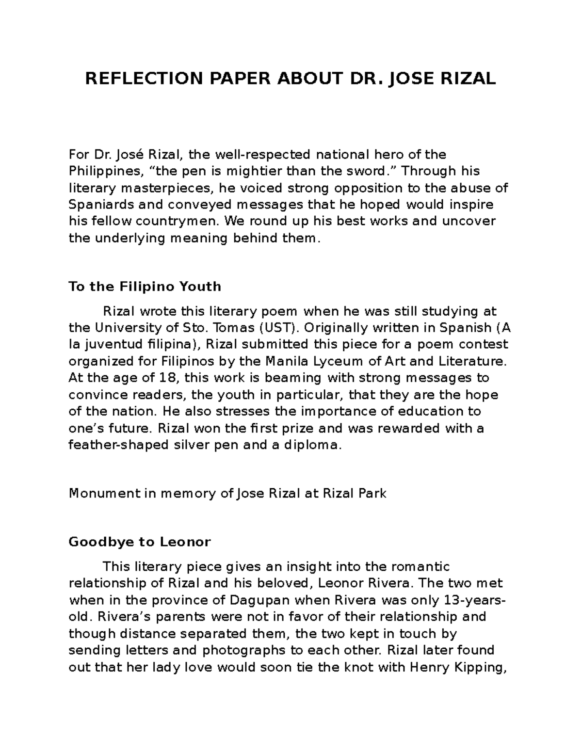 Reflection Paper on Dr. Jose Rizal's Literary Contributions - Studocu