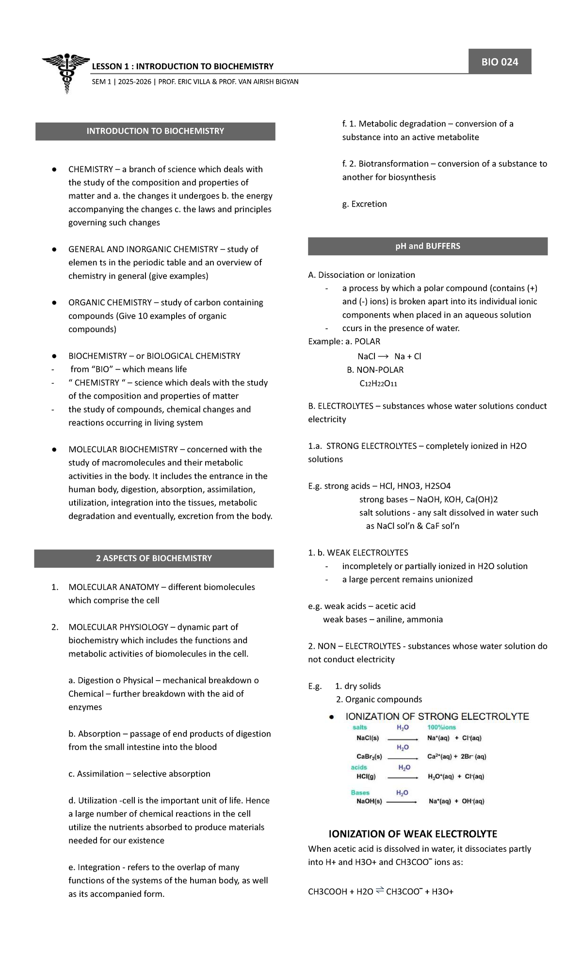 BIO 024 LESSON 1: INTRODUCTION TO BIOCHEMISTRY SEM 1 - Studocu