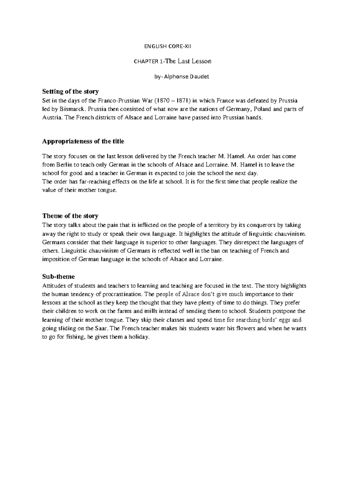ENGLISH CHAPTER 2026: The Last Lesson by Alphonse Daudet - Studocu