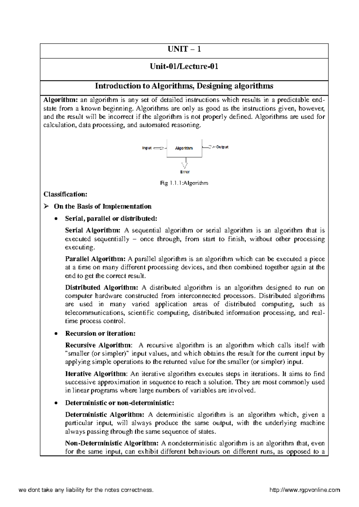 RGPV Notes: Unit 1 - Introduction to Algorithms and Analysis - Studocu