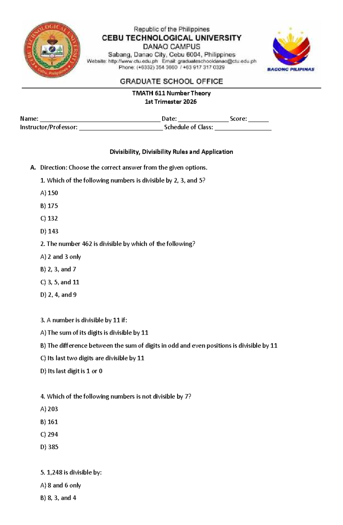 TMATH 611 Activity: Divisibility Concepts and Applications - Studocu