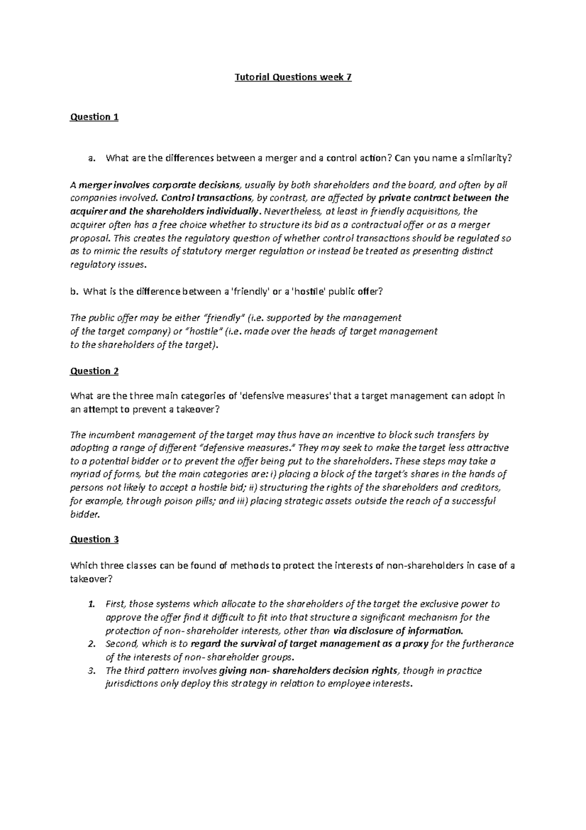 W7 Tutorial Questions on Mergers, Takeovers, and Defensive Measures ...