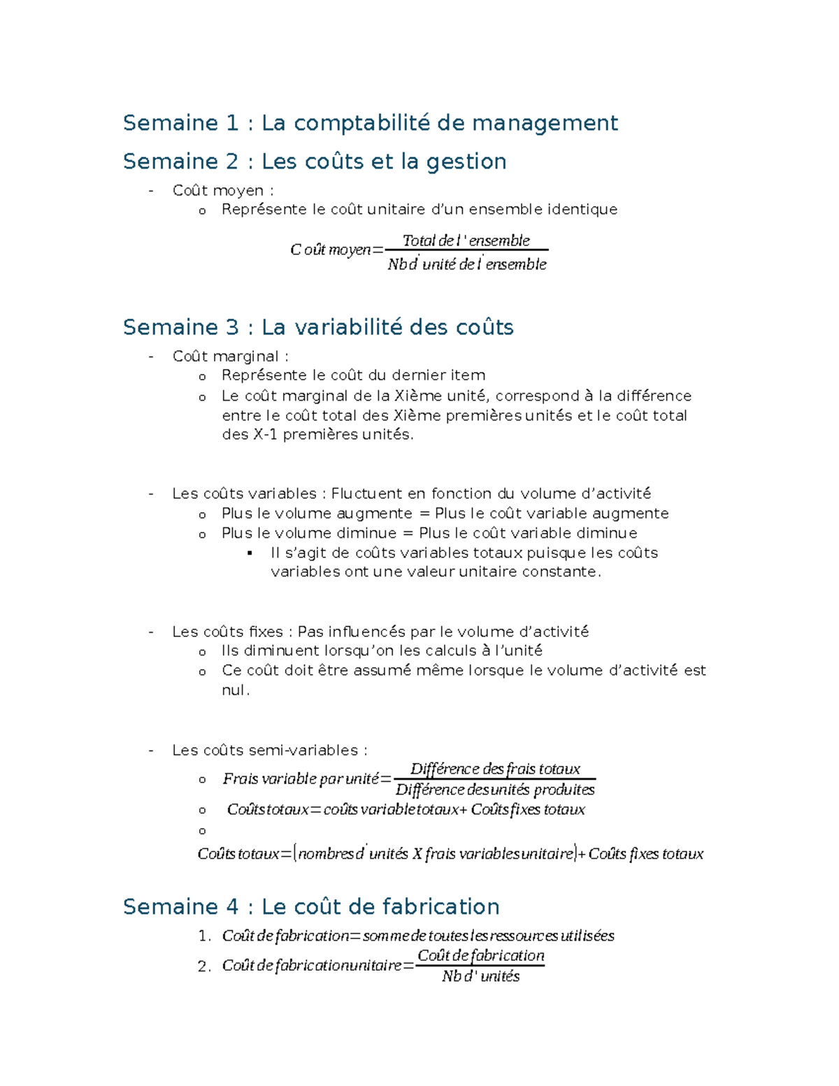 Comptabilité de Management : Semaine 1 à 6 - Formules et Coûts - Studocu