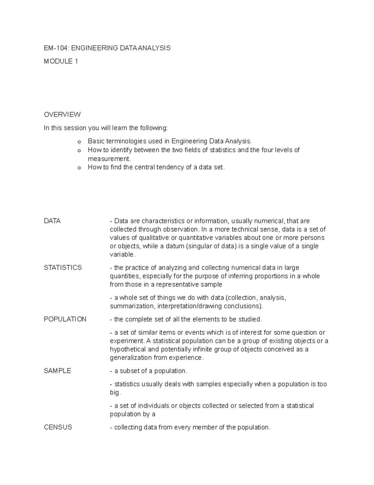 EM-104: Module 1 - Intro to Engineering Data Analysis Essentials - Studocu