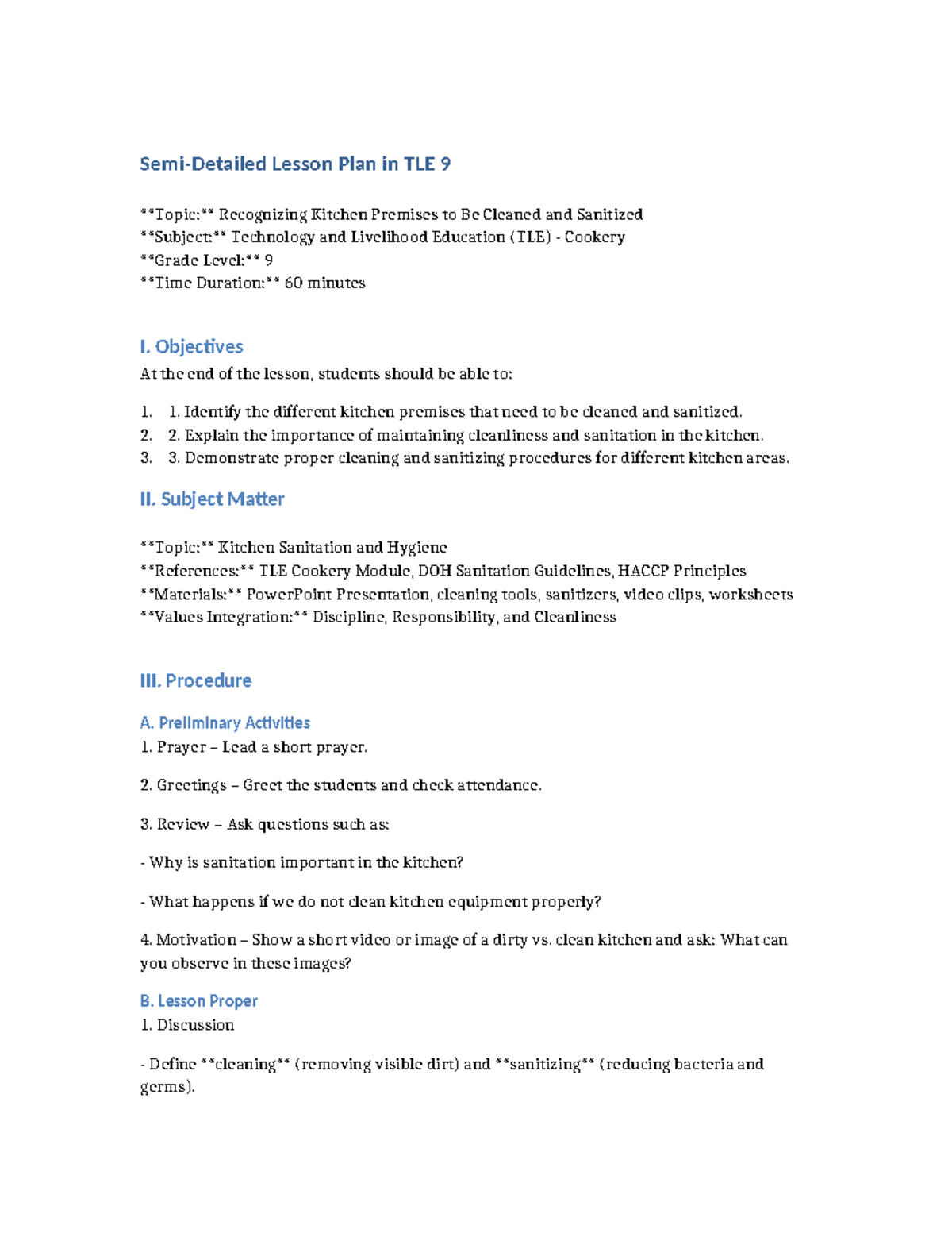 TLE9 Kitchen Sanitation and Hygiene Lesson Plan - Studocu