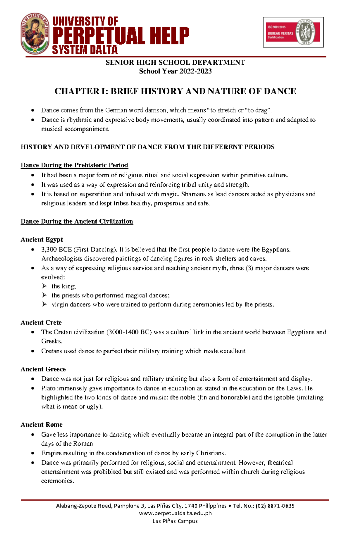 Lesson 1: Overview of Dance's History and Nature (SHS 2022-2023) - Studocu