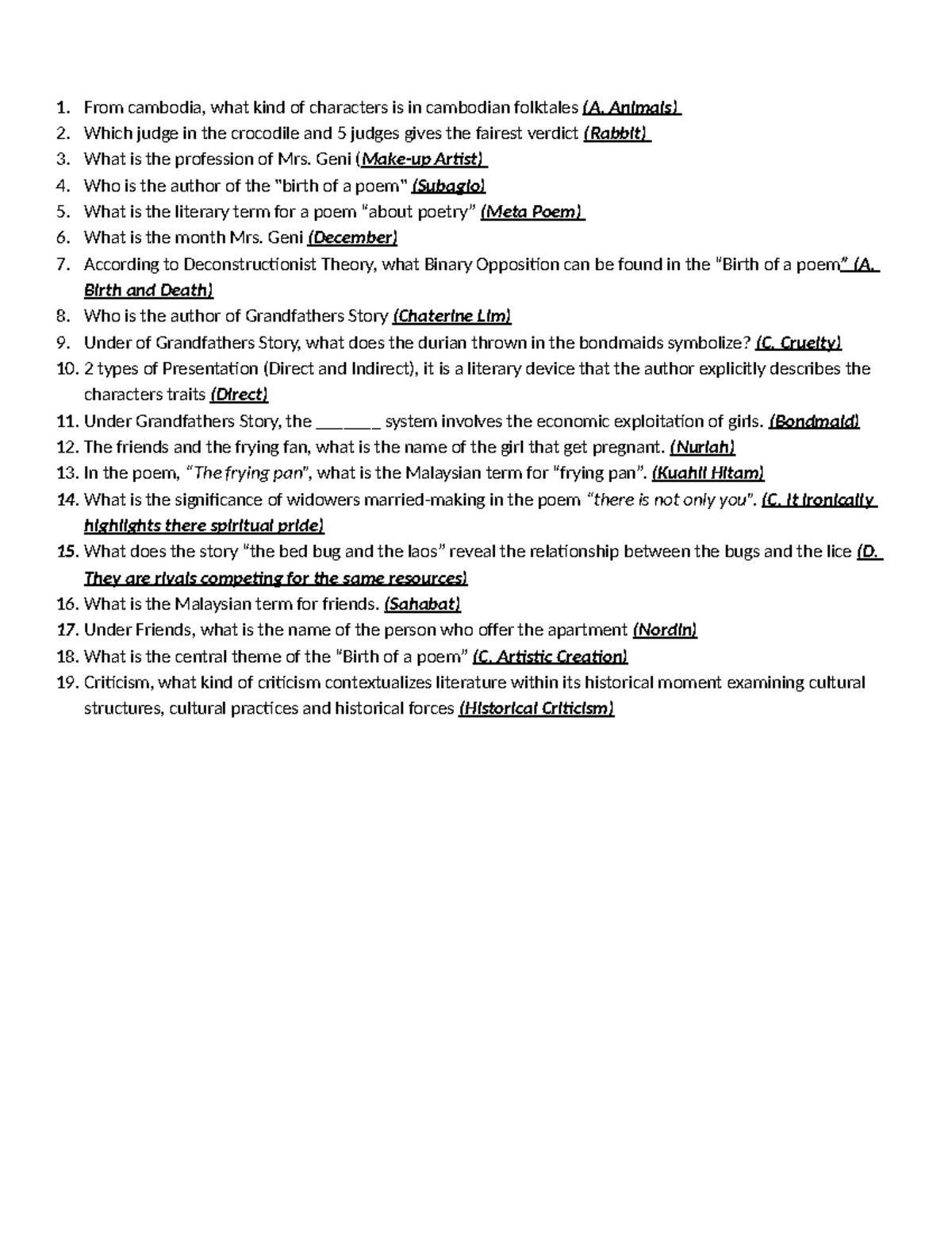 Group Quiz - Cambodian Folktales and Literary Analysis Insights - Studocu