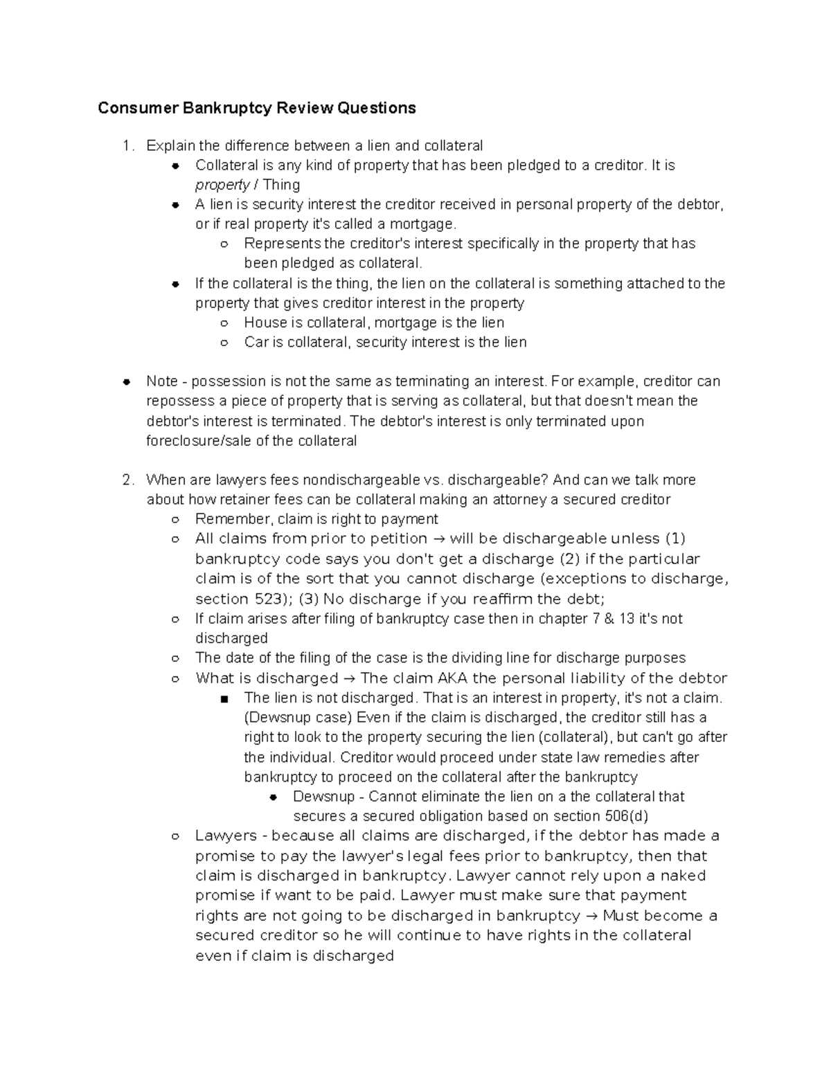 Consumer Bankruptcy Review Questions - Key Concepts and Insights - Studocu