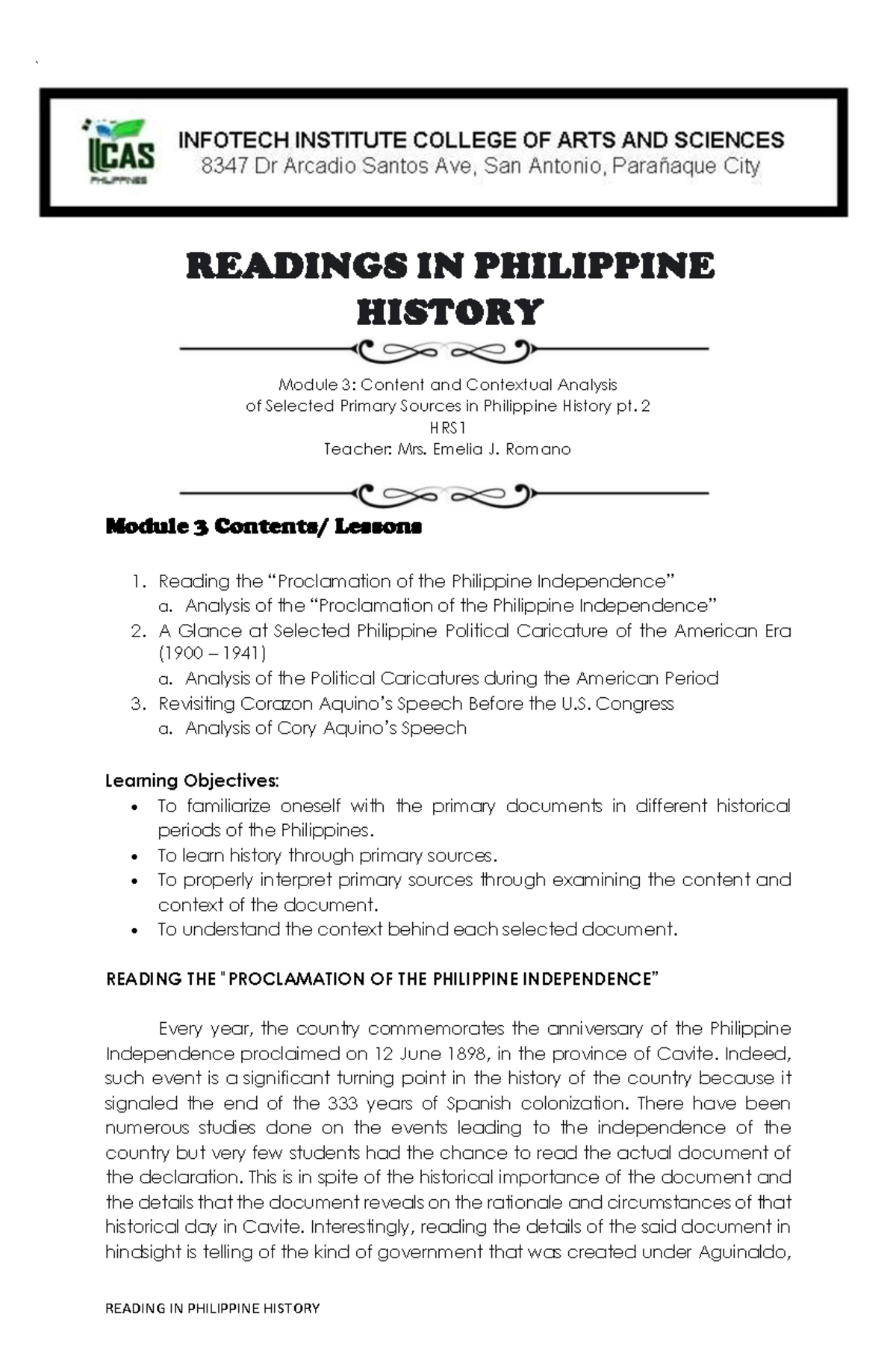 Module 3: Analyzing Primary Sources in Philippine History - Studocu