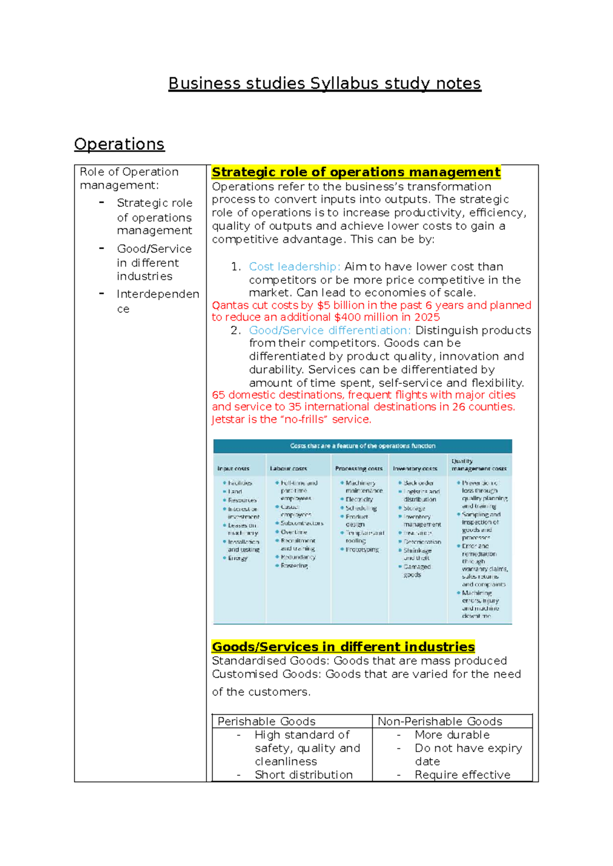 Business Studies Syllabus Notes: Operations Management Strategies - Studocu