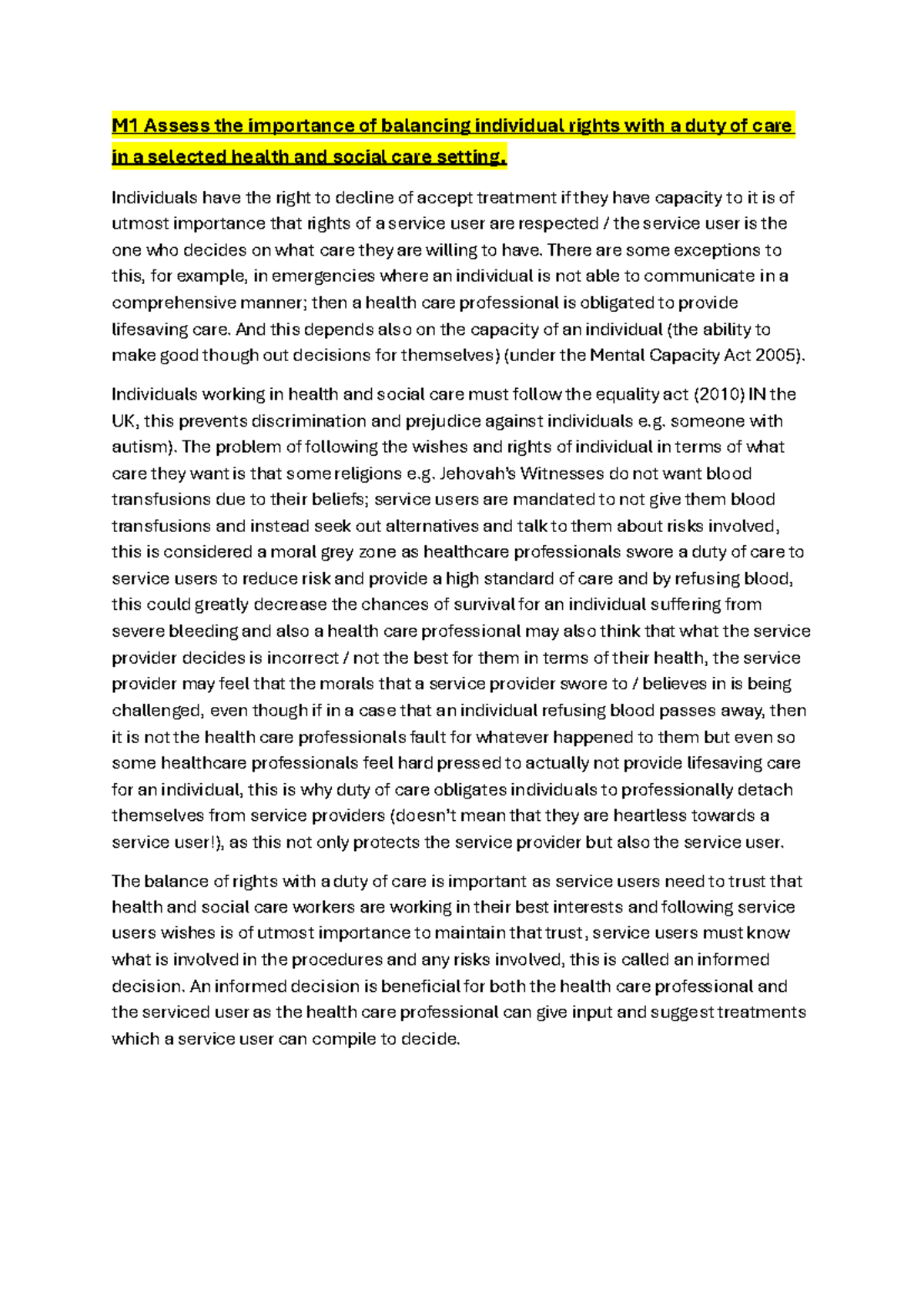 M1 Balancing Individual Rights and Duty of Care in Health Care Settings ...