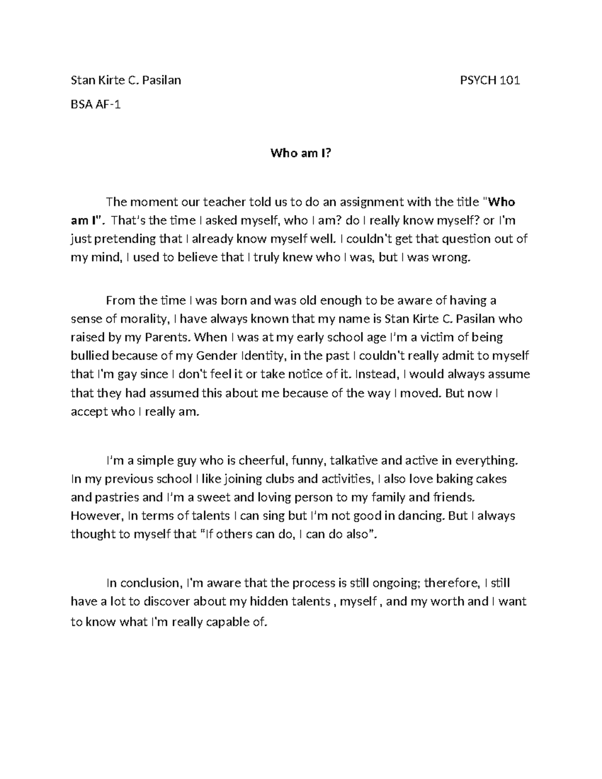 Who Am I? - A Personal Reflection in PSYCH 101 - Studocu
