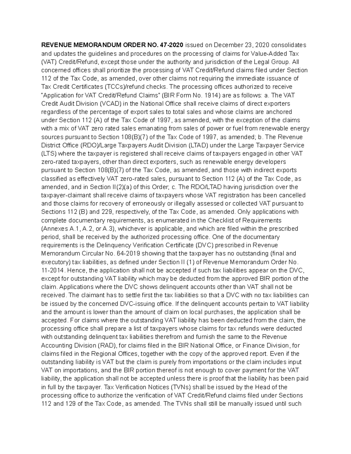 Digest of Revenue Memorandum Order No. 47-2020 on VAT Claims Processing ...