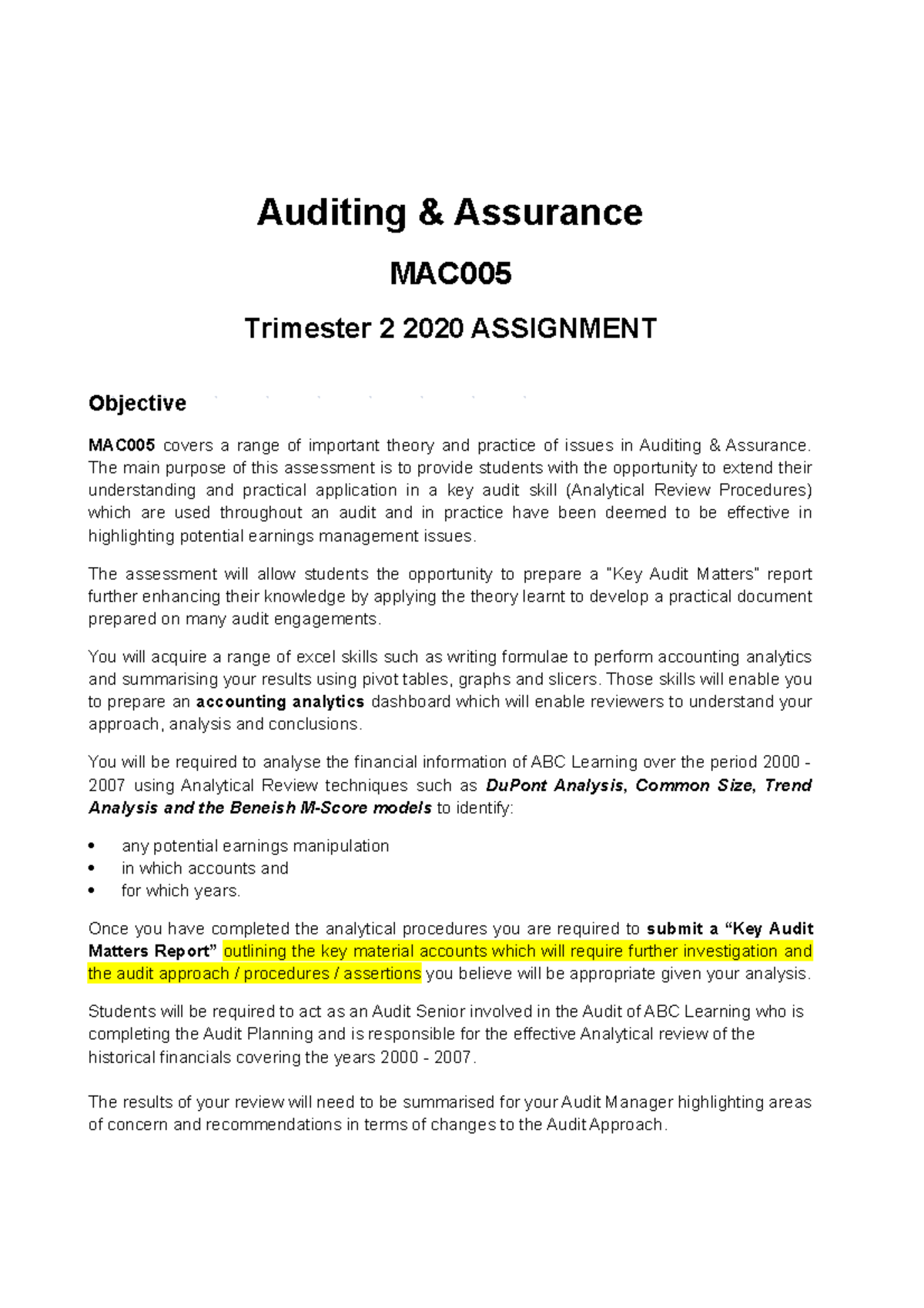 MAC005 Auditing Assignment: Key Audit Matters Report Guidance 20T2 ...