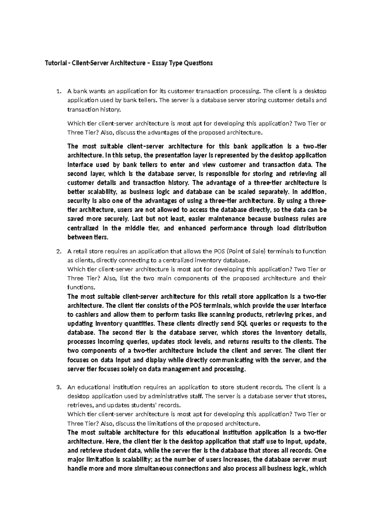 Tutorial Essay Type Questions on Client-Server Architecture - Studocu