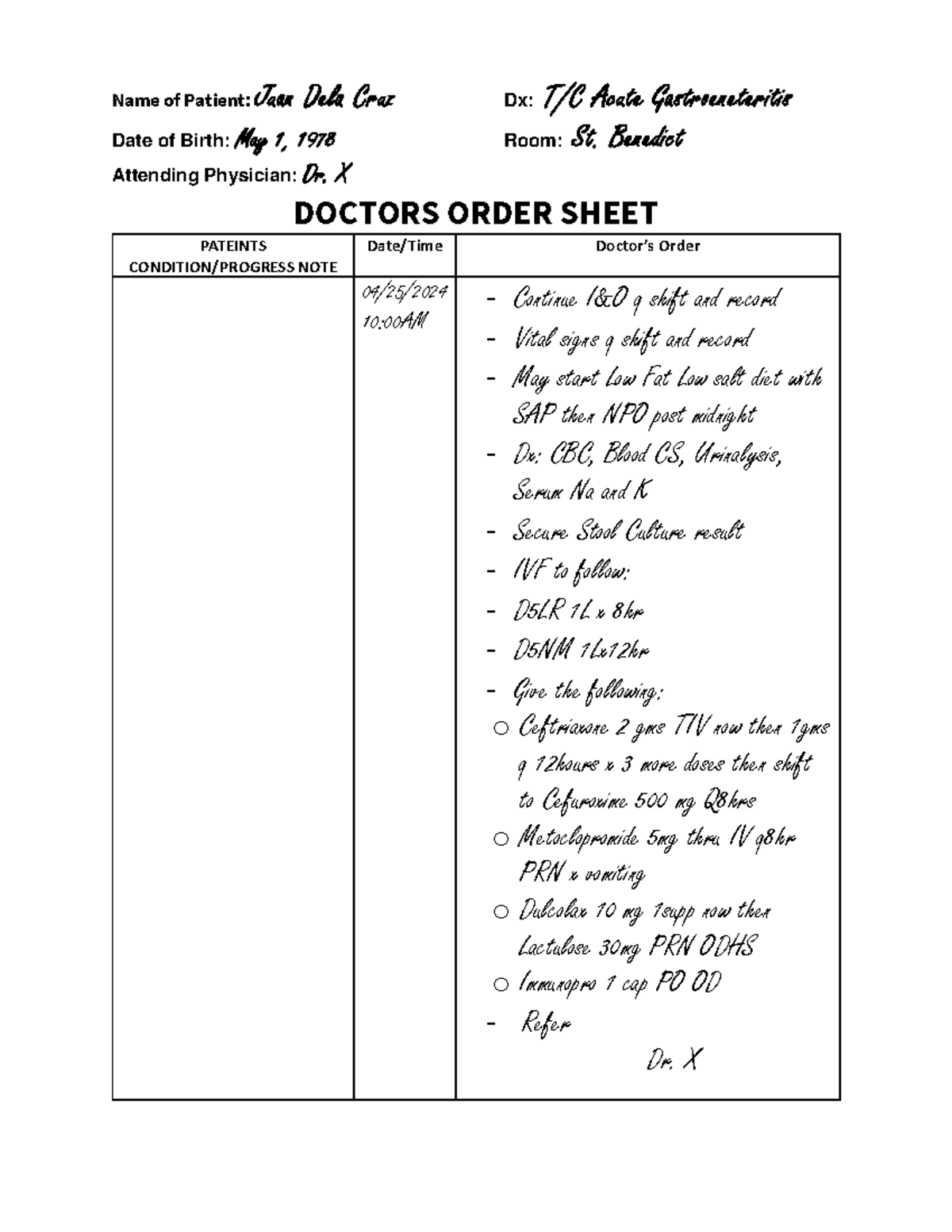 Doctors Order Sheet for Juan Dela Cruz - Acute Gastroenteritis - Studocu