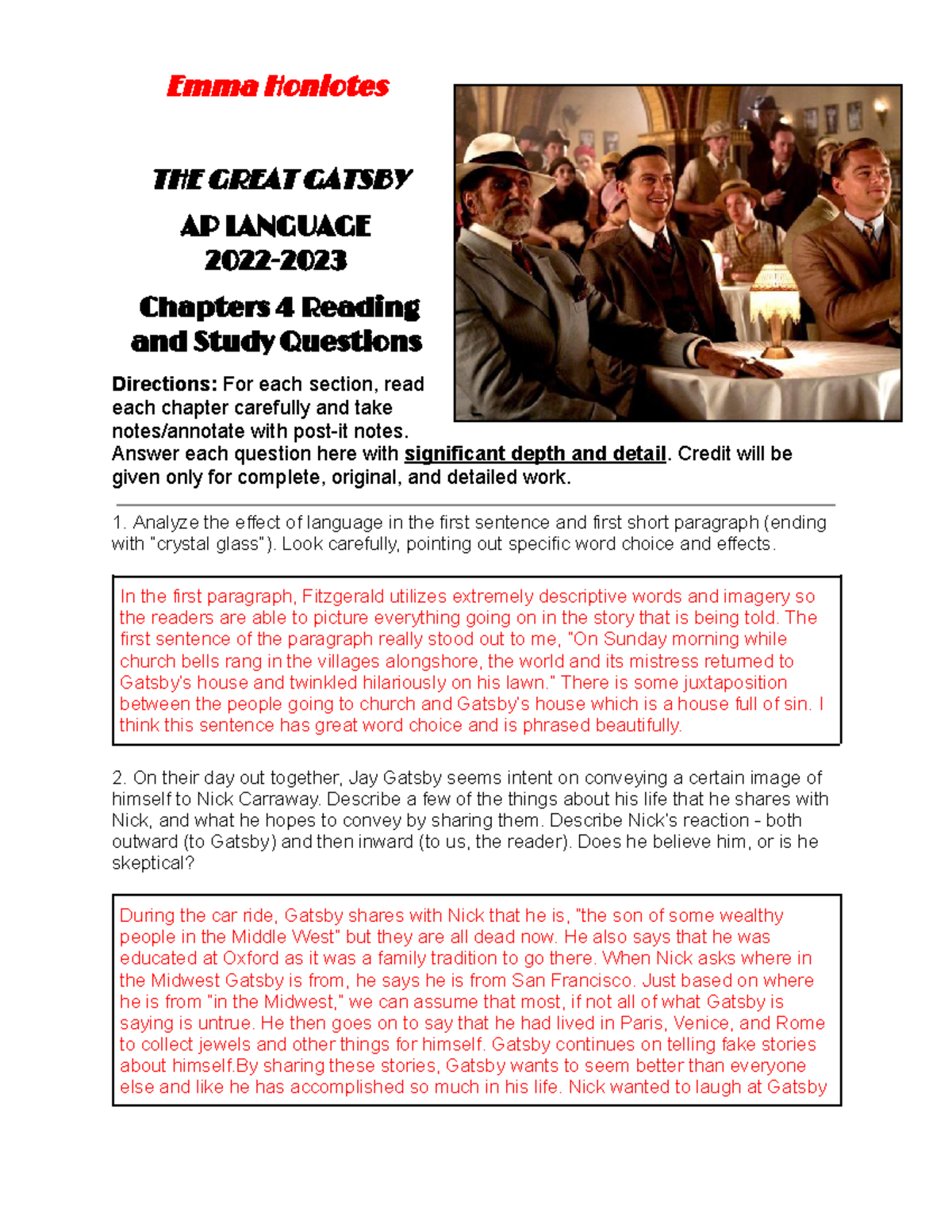 Chapter 4 AP Lang Great Gatsby Questions - Emma Honiotes THE GREAT ...