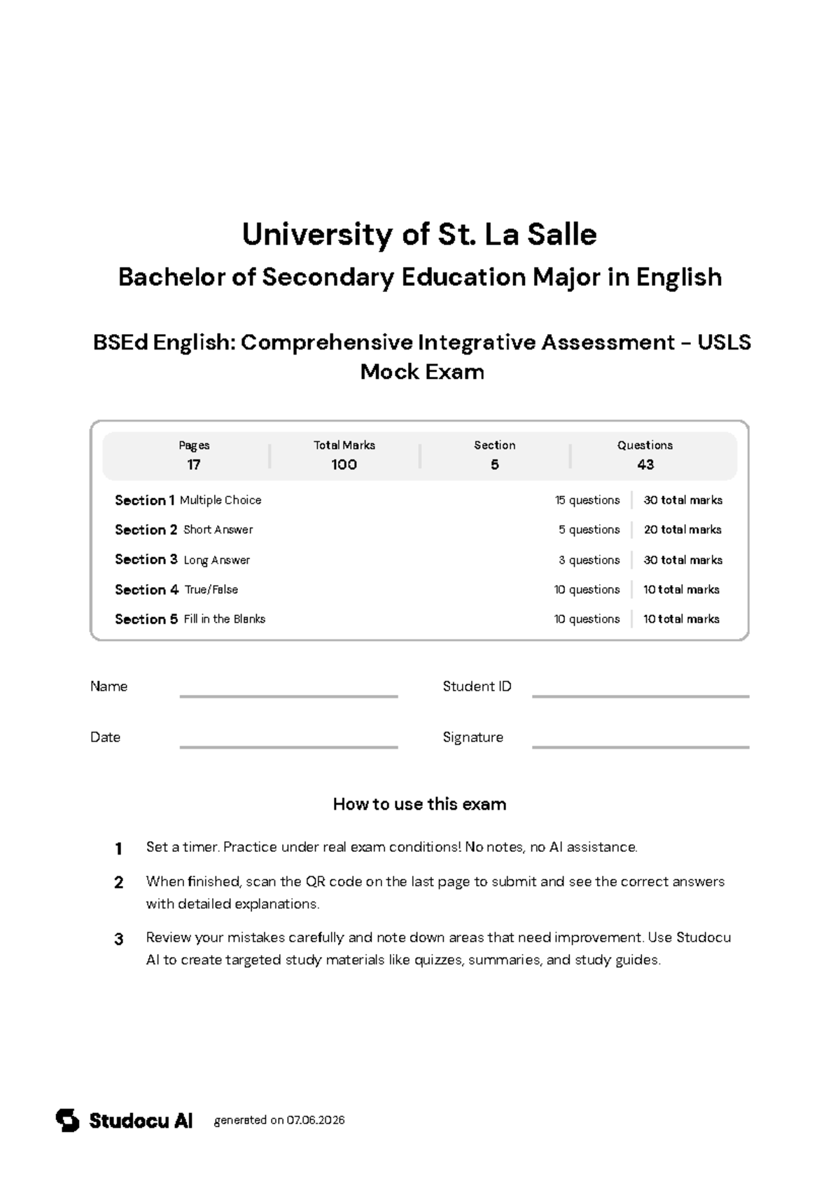 BSEd English: Comprehensive Integrative Assessment - Mock Exam - Studocu