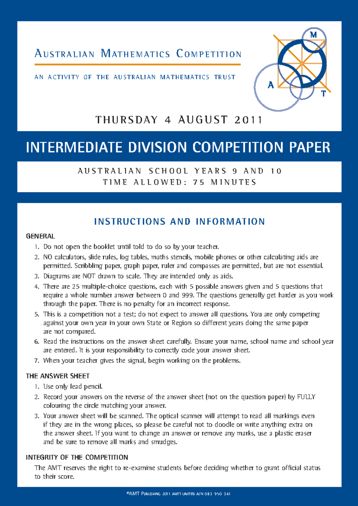 AMC Intermediate Division Math Competition Paper for Years 9 & 10 (2011) - Studocu