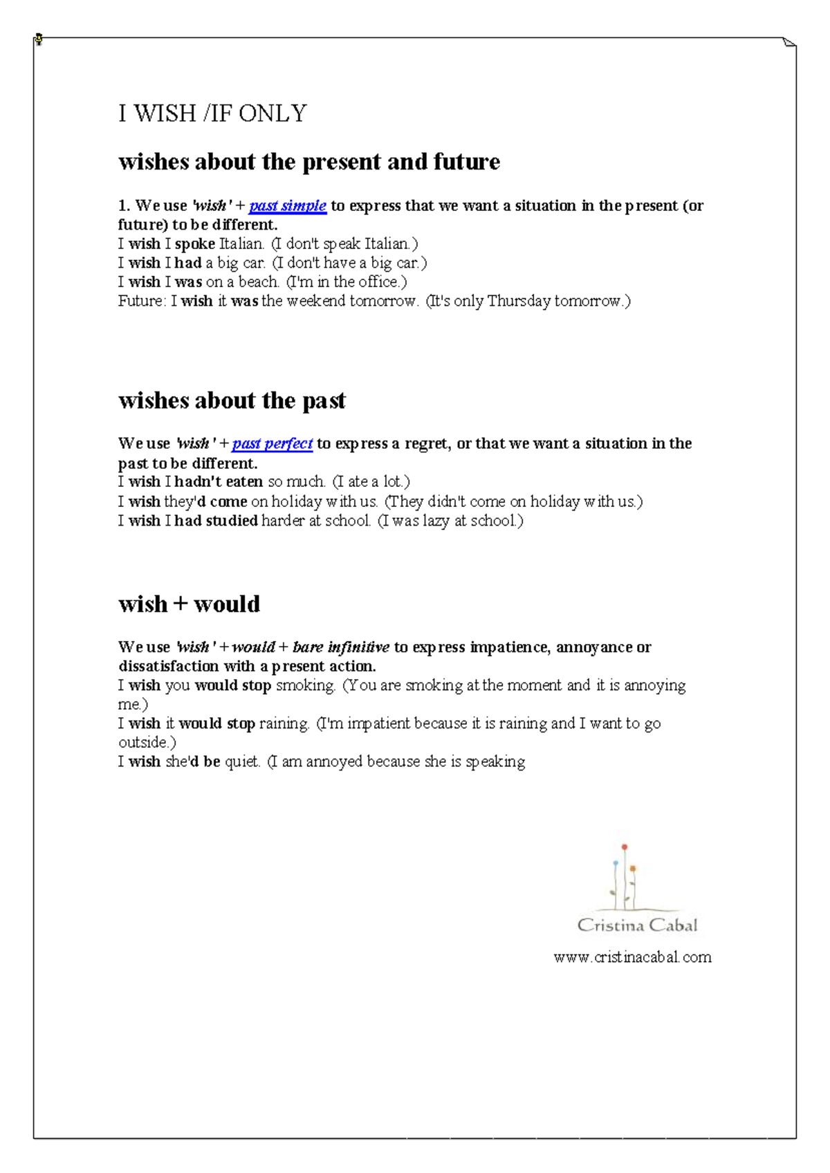 WISH Clauses - I WISH /IF ONLY wishes about the present and future We ...