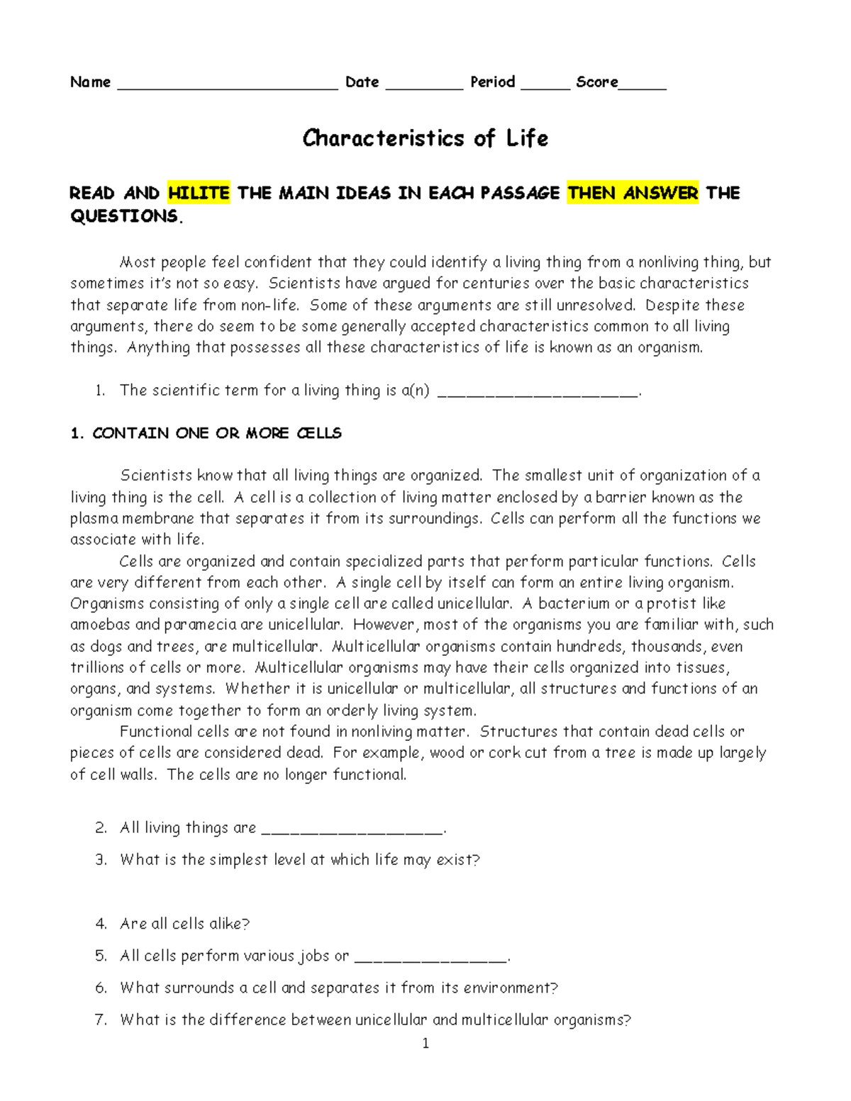 Characteristics of Life Review Worksheet (Bio 101) - Studocu