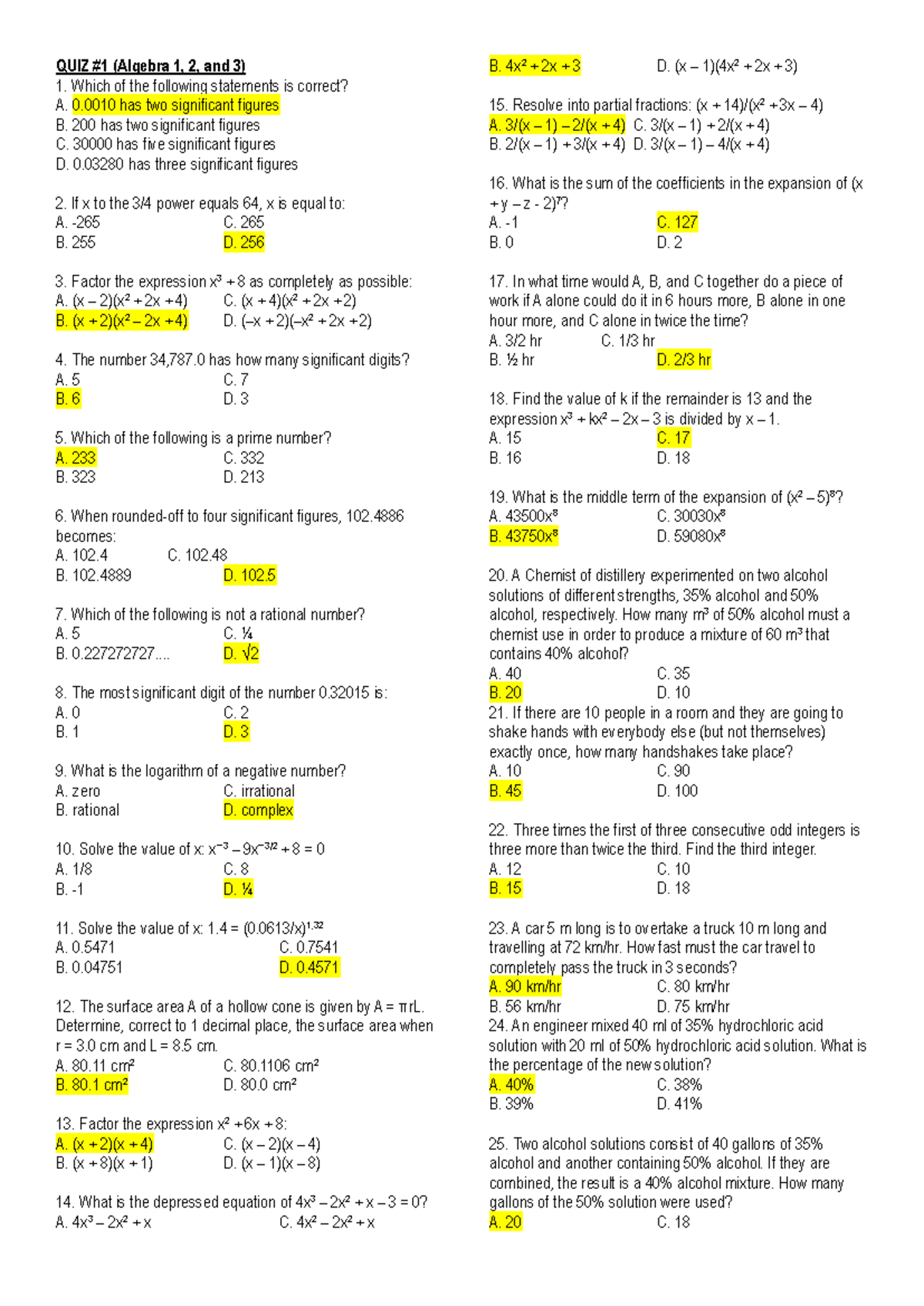 Quiz-1: Practice Materials for Algebra 1, 2, and 3 - Studocu