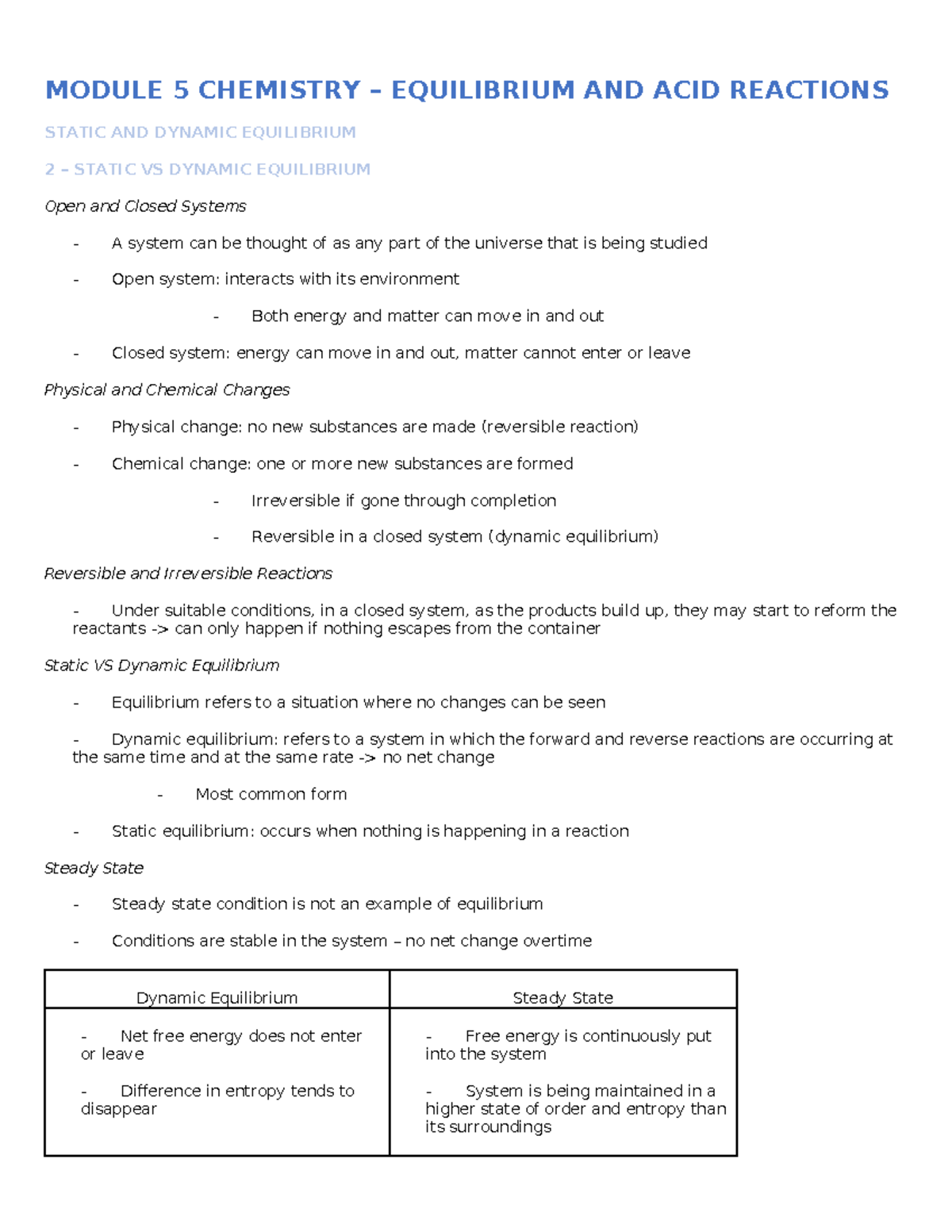 Module 5 Chemistry: Equilibrium and Acid Reactions Overview - Studocu