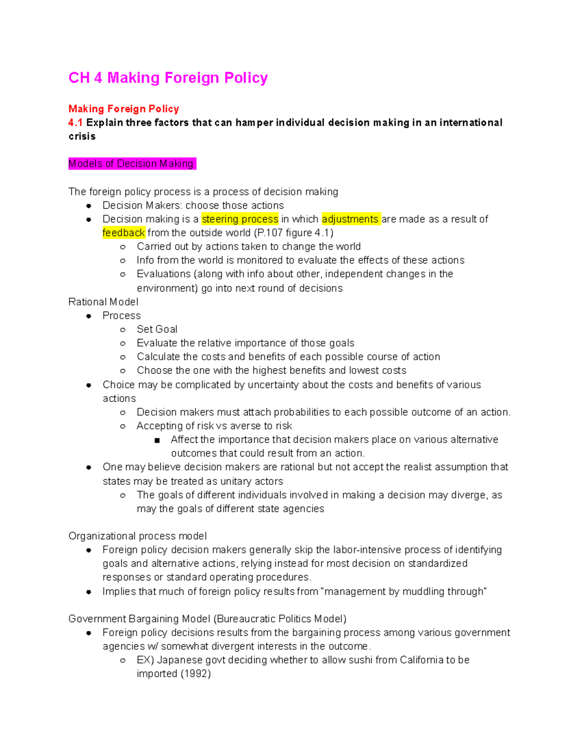 POL 116 - Midterm 2 Reading Notes - CH 4 Making Foreign Policy Making ...