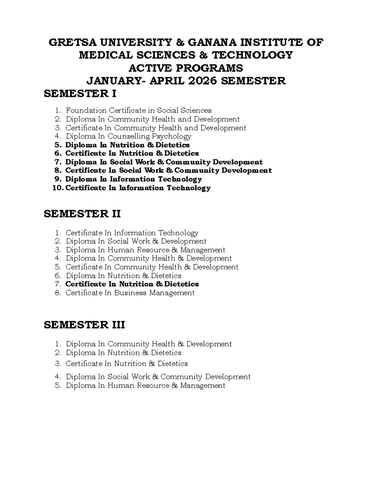 GRETSA UNIVERSITY Study Notes: Active Programs April 2026 - Studocu
