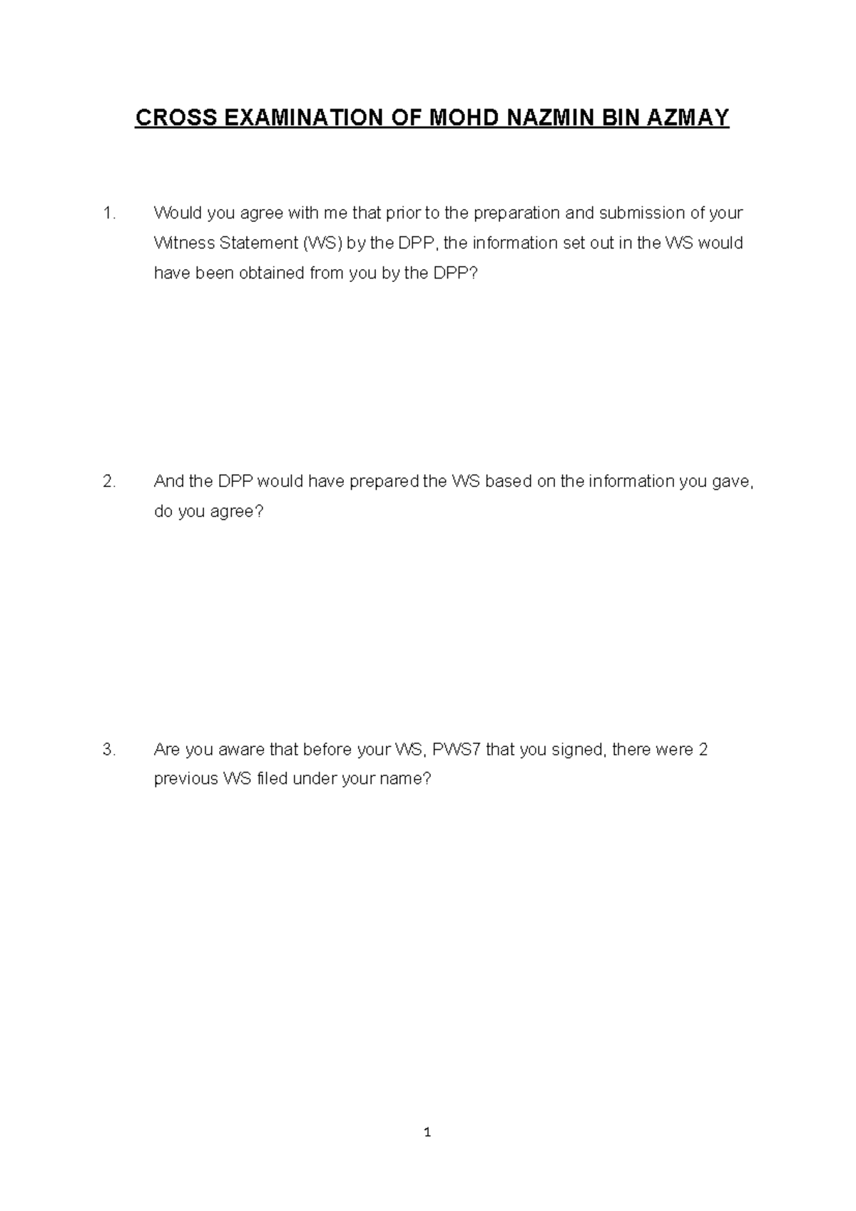 CROSS EXAMINATION OF MOHD NAZMIN BIN AZMAY - COURT'S COPY - Studocu