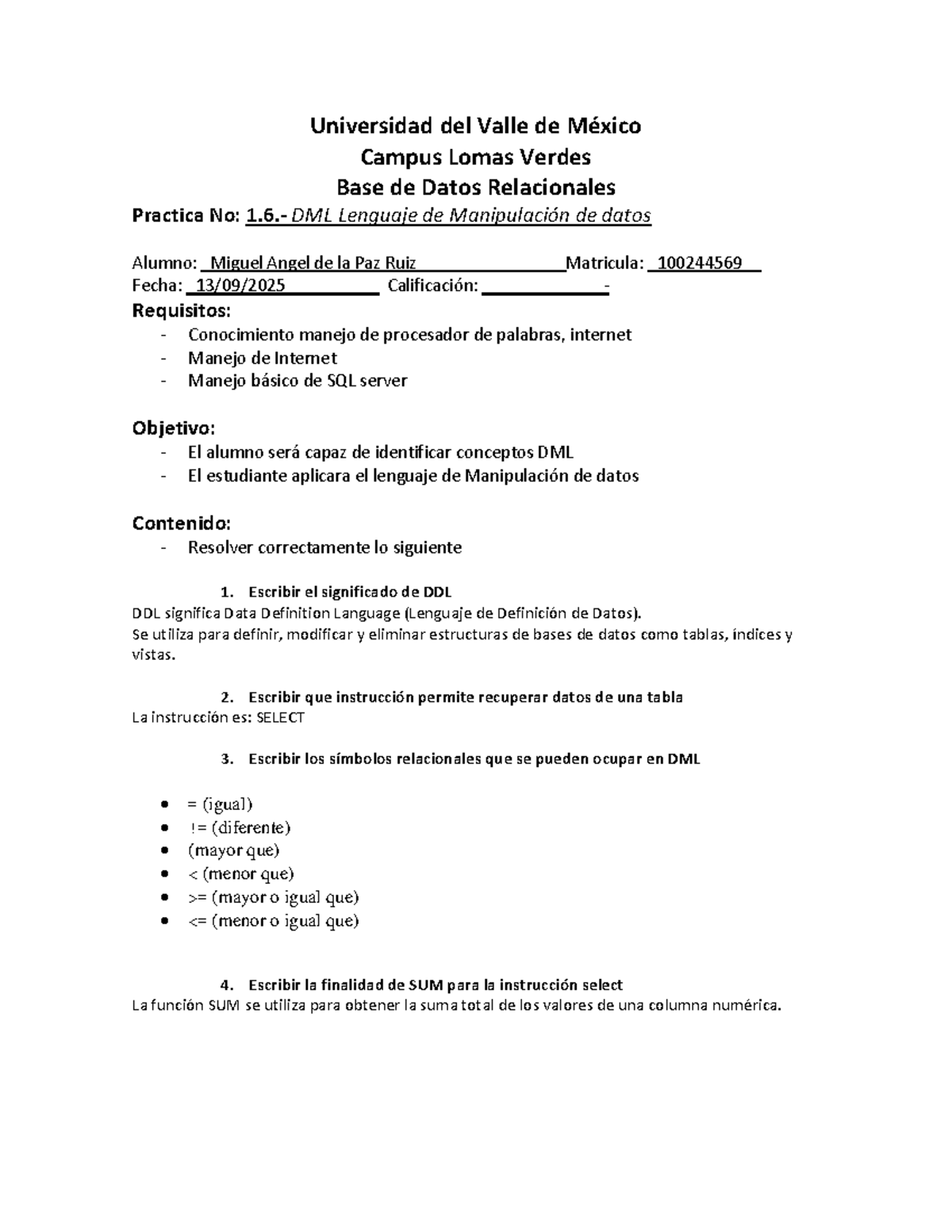 Práctica No 1: DML - Lenguaje de Manipulación de Datos (UVM) - Studocu