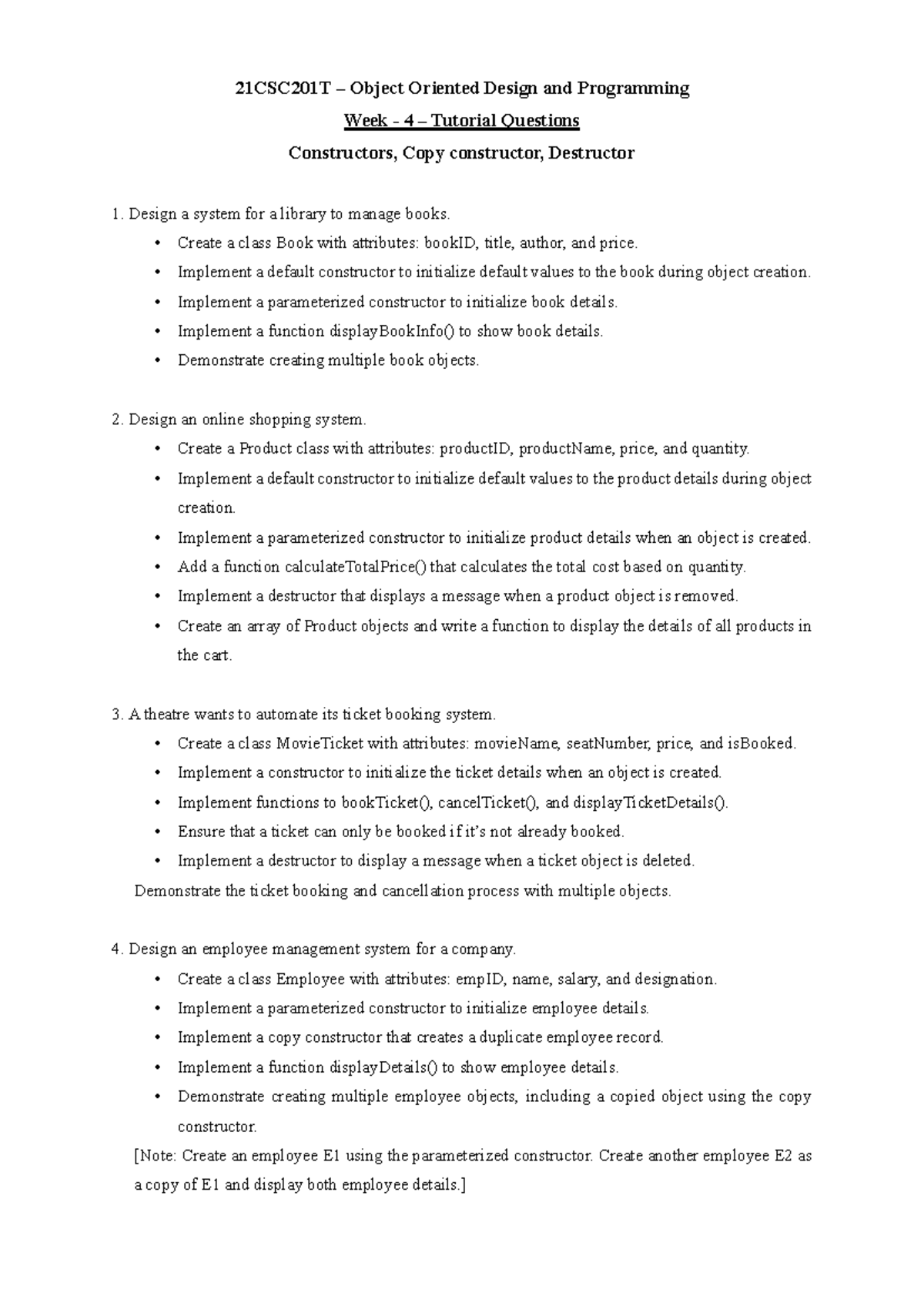 OODP 21CSC201T Week 4 Tutorial Questions - C++ Concepts - Studocu