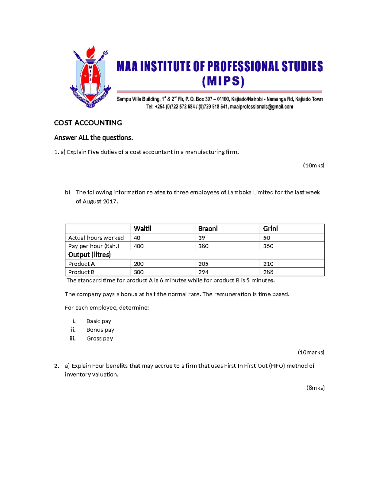 COST ACCOUNTING: Duties of Cost Accountant & FIFO Benefits - Studocu