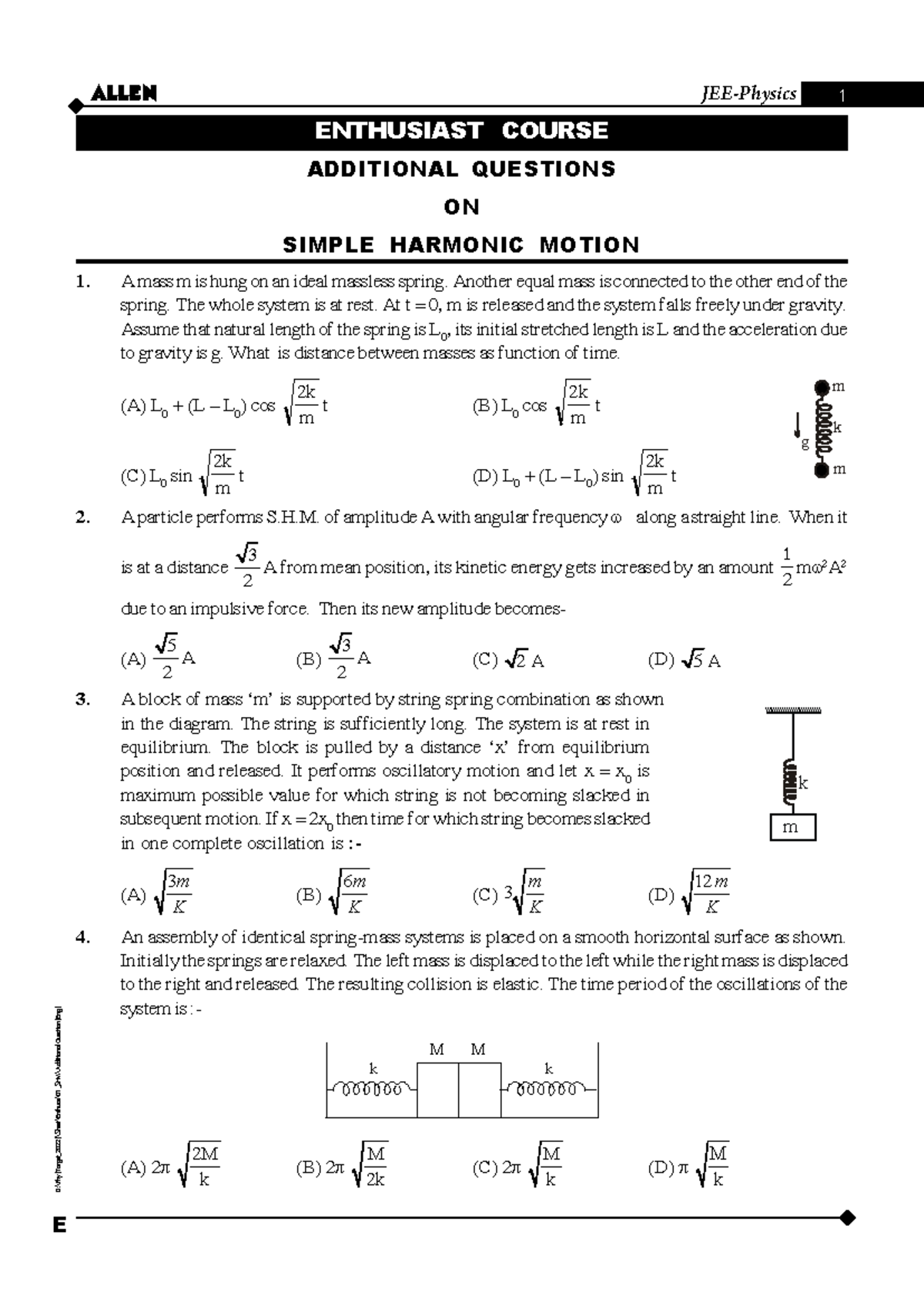 ALLEN 1 Additional Questions on Simple Harmonic Motion Worksheet - Studocu