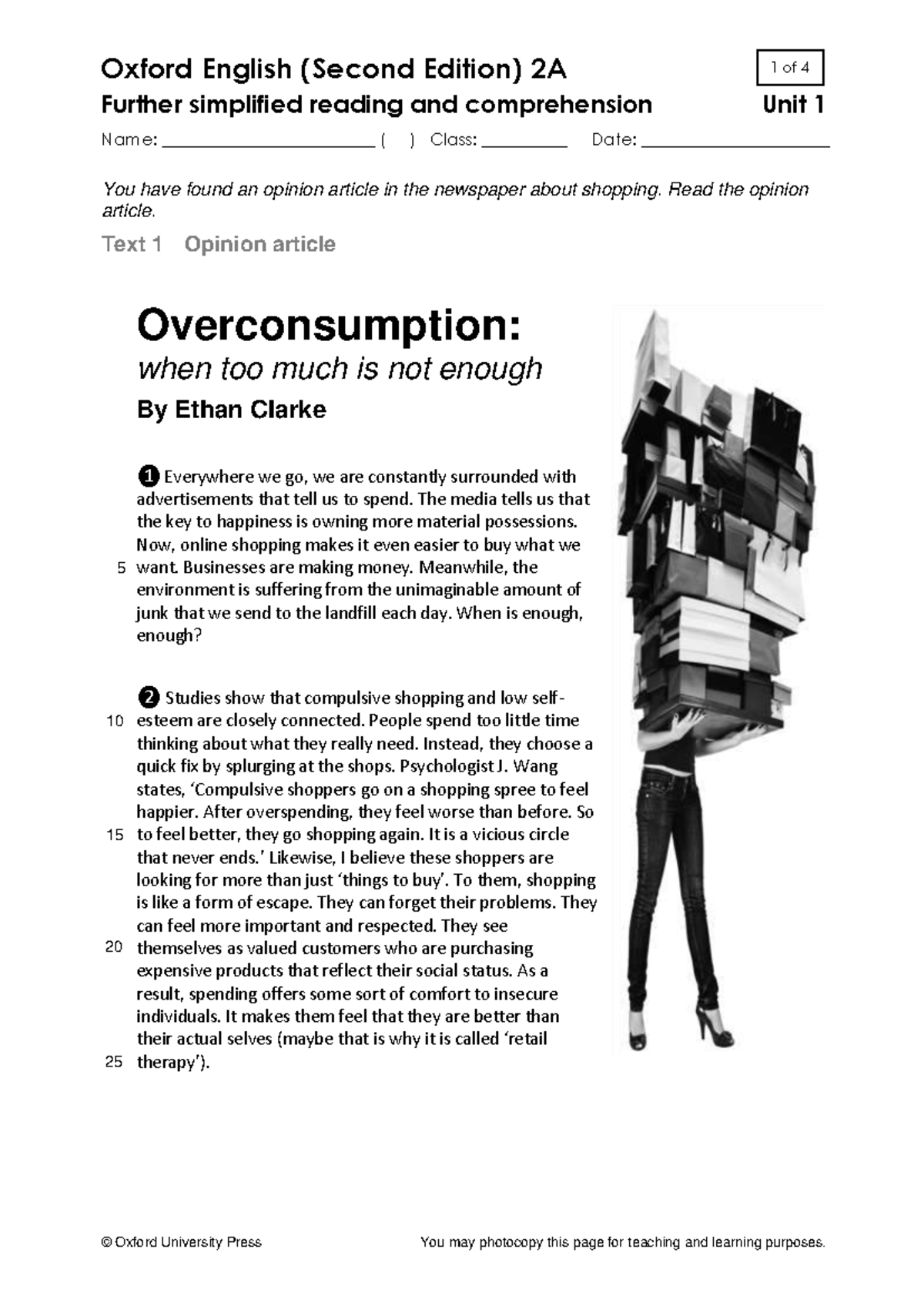 Oxford English (2A) Unit 1: Reading Comprehension on Overconsumption ...