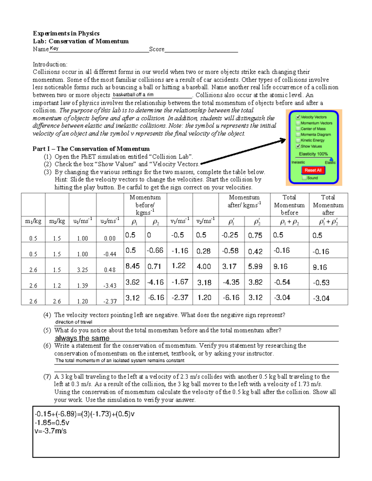 Lab: Conservation of Momentum PHET 4674 8236 - Studocu
